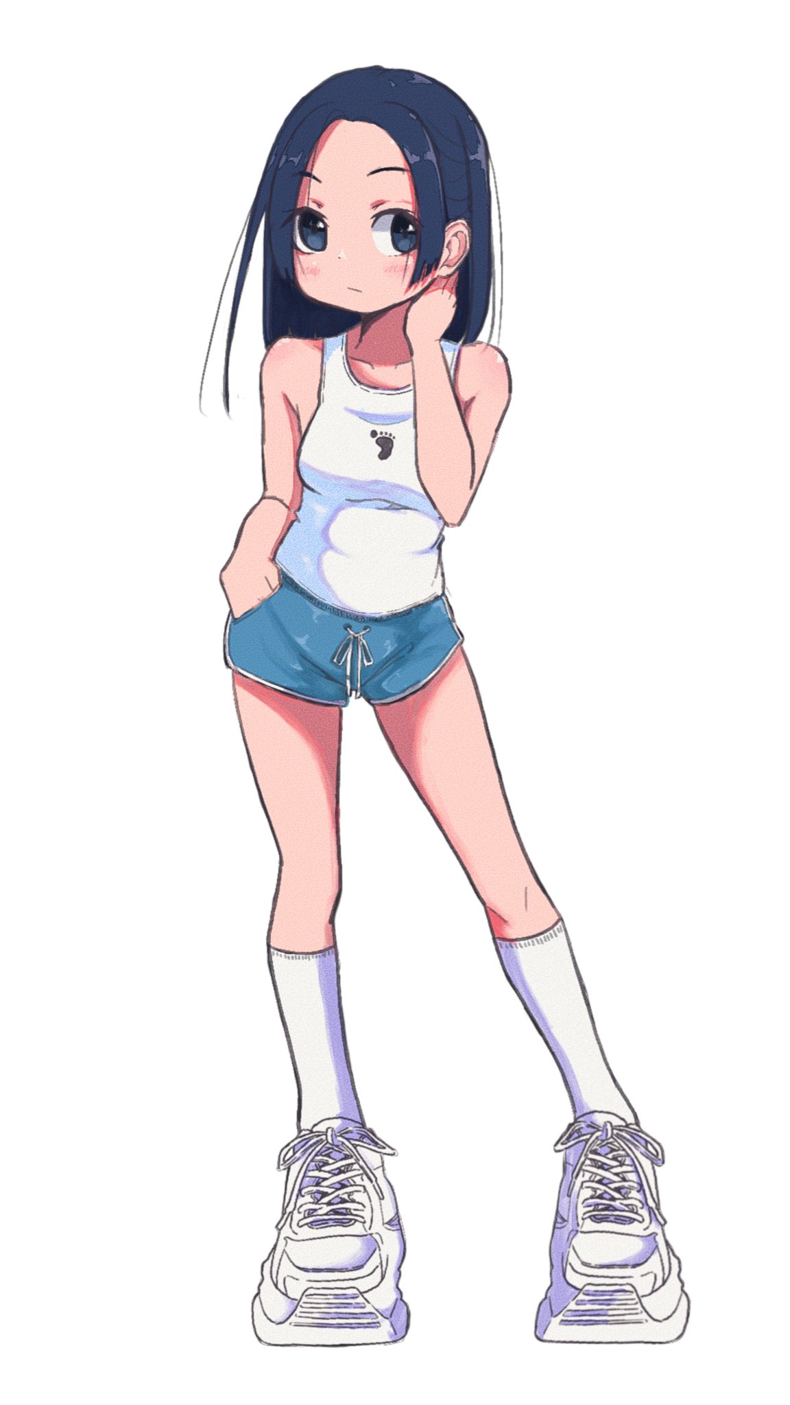 Safebooru - 1girl bare shoulders blue eyes blue hair blue shorts collarbone contrapposto ...