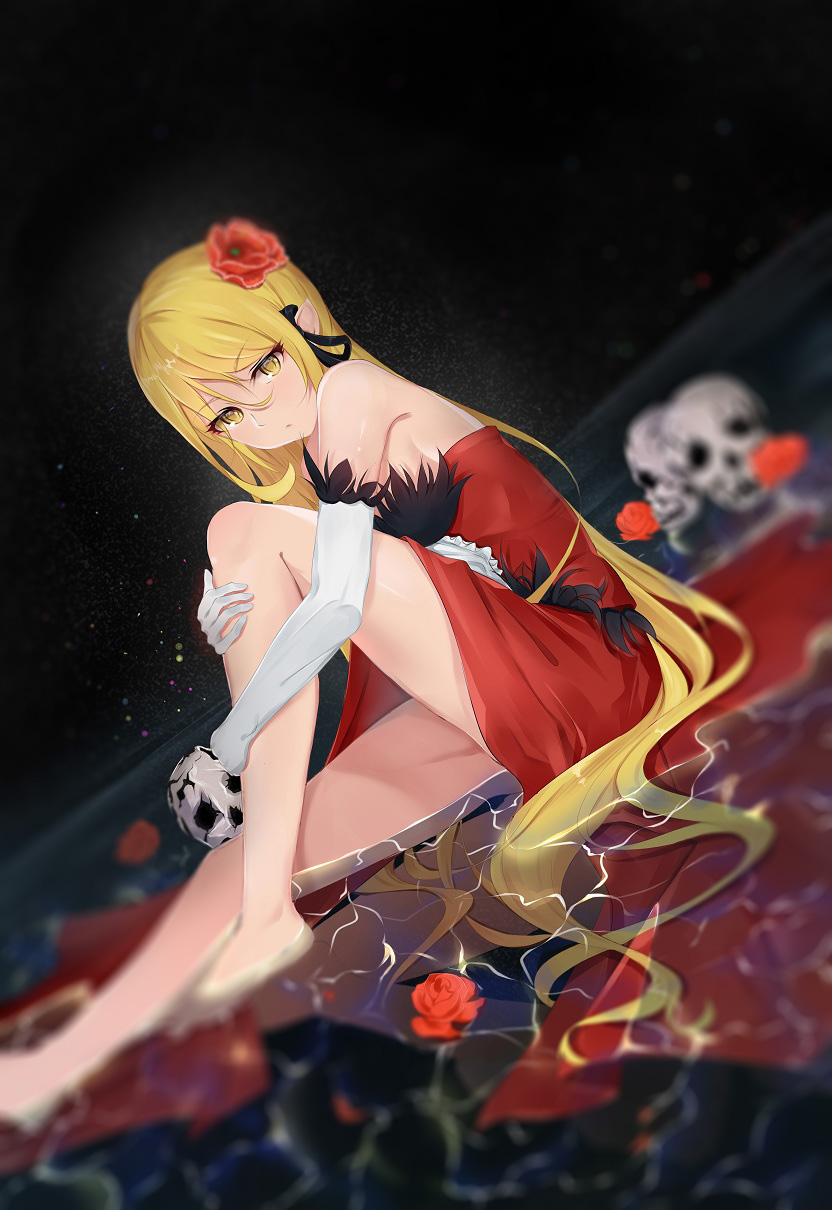 Safebooru - 1girl bad id bad pixiv id bakemonogatari bare shoulders barefoot blonde hair dress ...