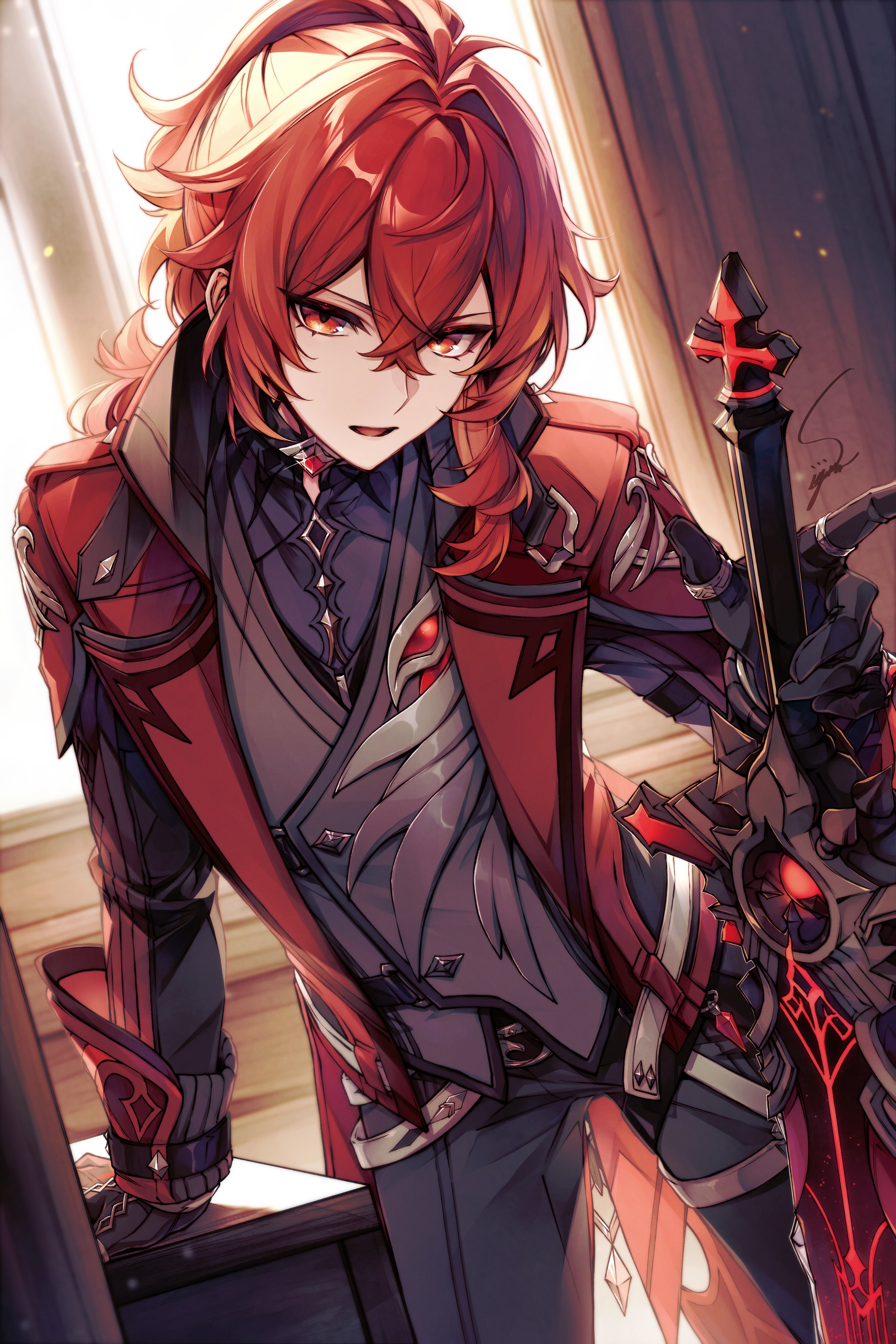 Safebooru - 1boy absurdres antenna hair artist name belt black gloves black pants black shirt ...