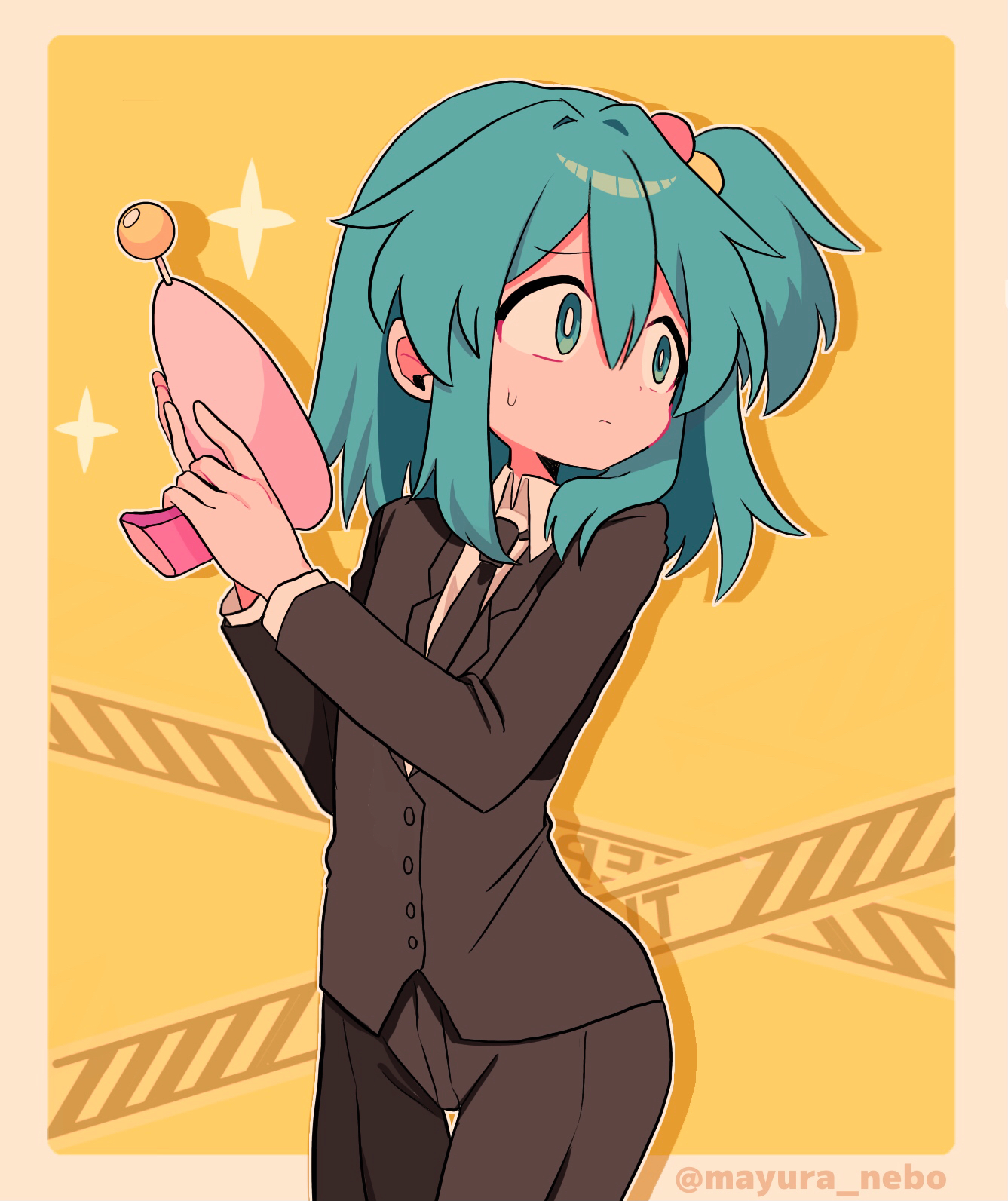 Safebooru - 1girl aqua eyes aqua hair black necktie black pants black suit border bright pupils ...