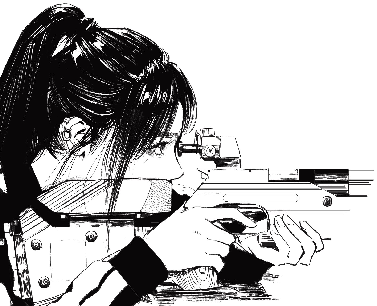 Safebooru - 1girl aiming ear piercing from side greyscale gun hair ...