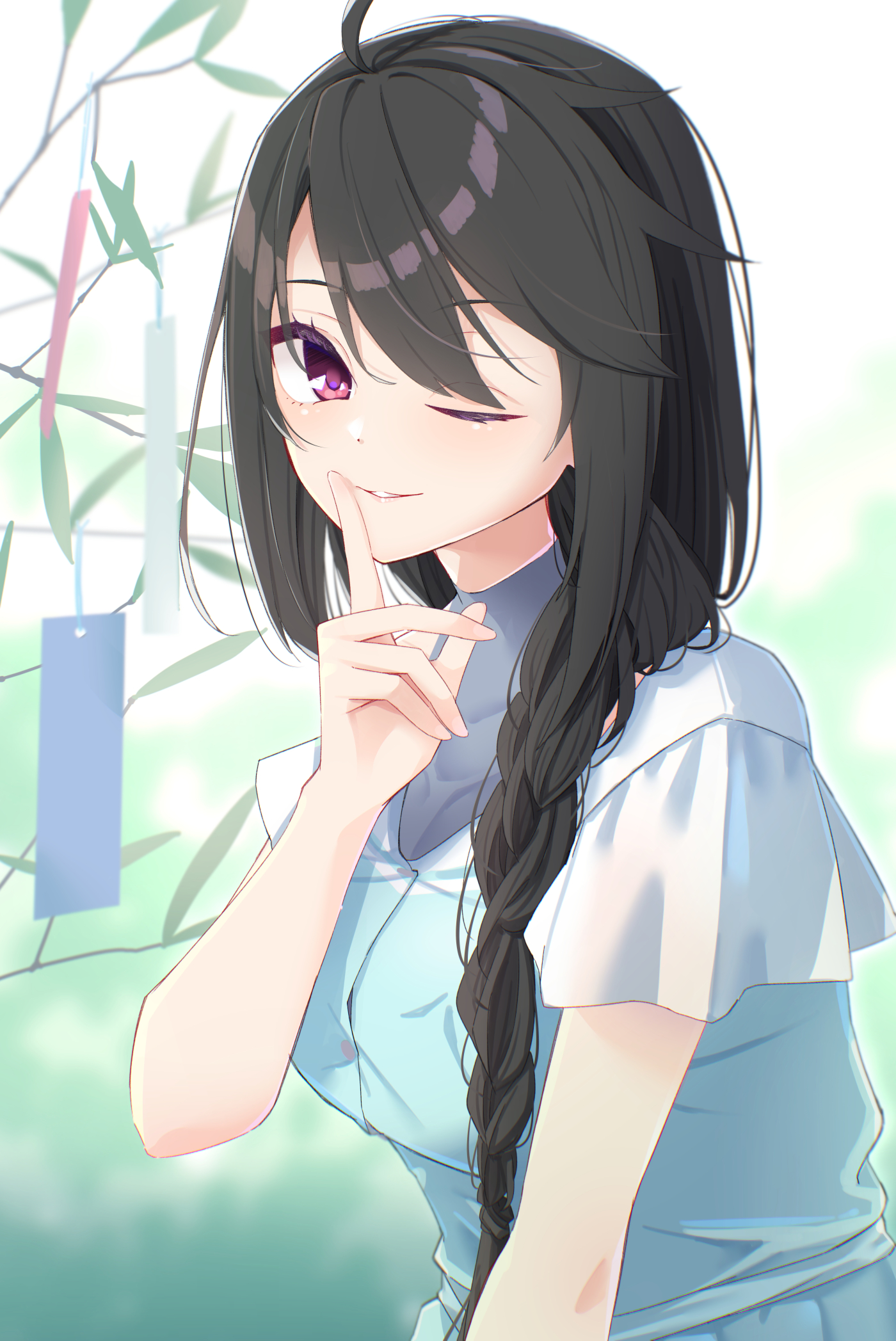Safebooru - 1girl ahoge alternate costume alternate hairstyle black hair blue shirt blush braid ...