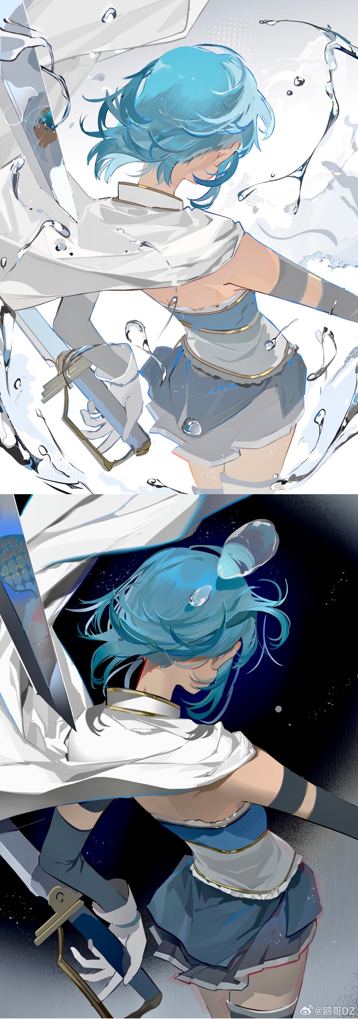 Safebooru - 1girl absurdres bare shoulders black background black sleeves blue hair blue shirt ...