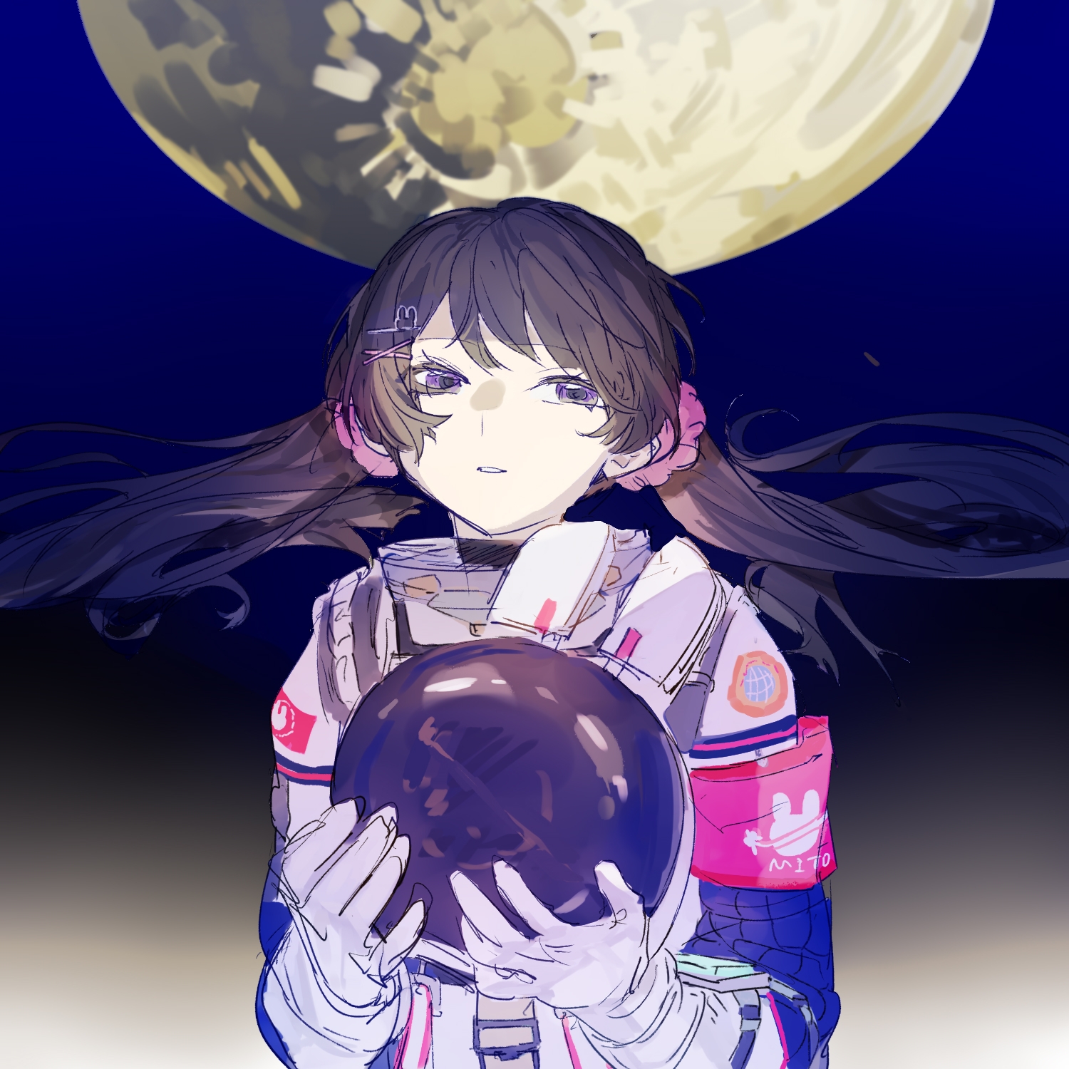 Safebooru - 1girl astronaut black background black hair blue background floating hair gloves ...
