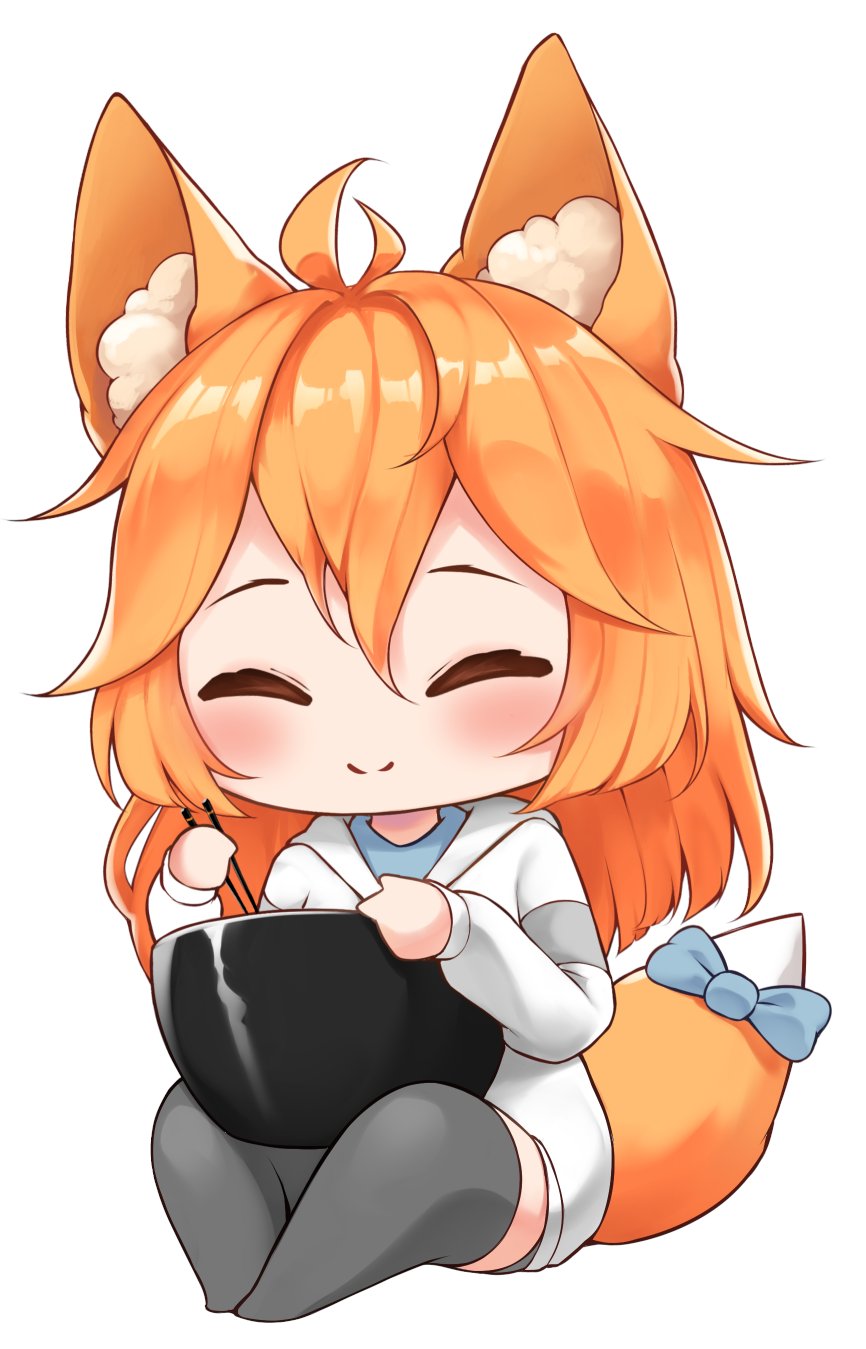 Safebooru - 1girl ahoge animal ear fluff animal ears black thighhighs blue bow blue shirt blush ...