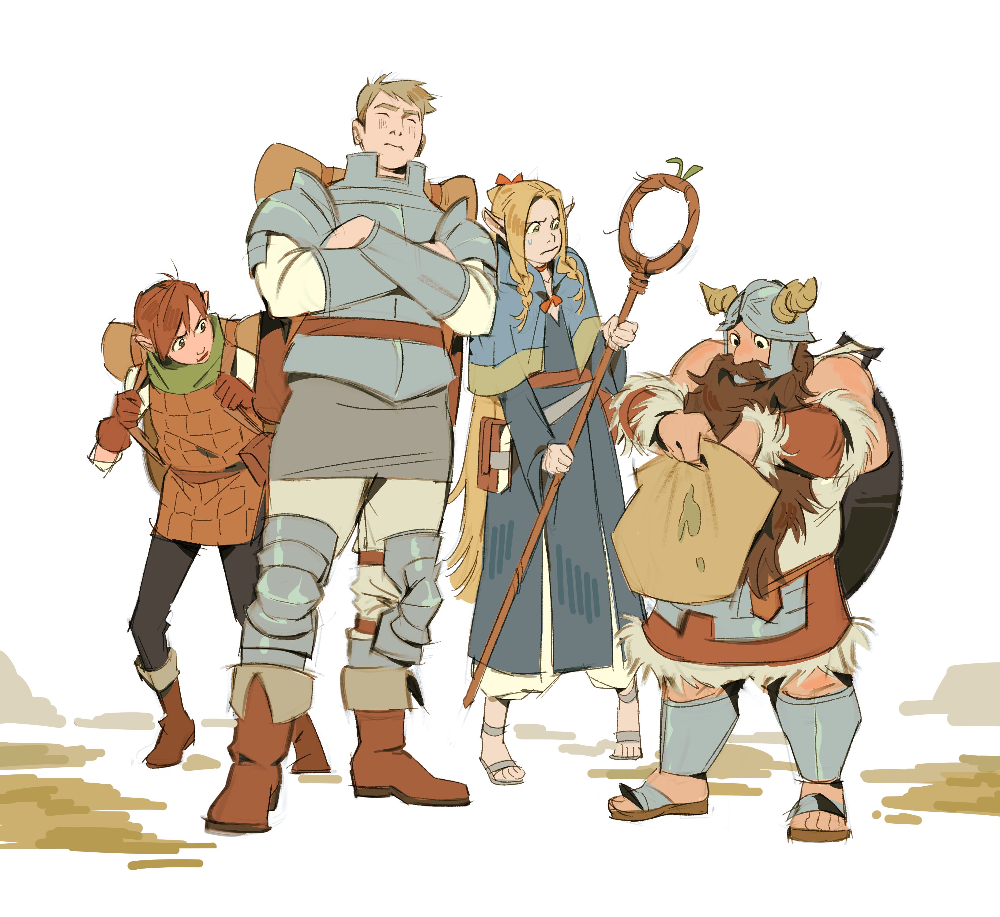 Safebooru - 1girl 3boys absurdres armor backpack bag beard blonde hair ...