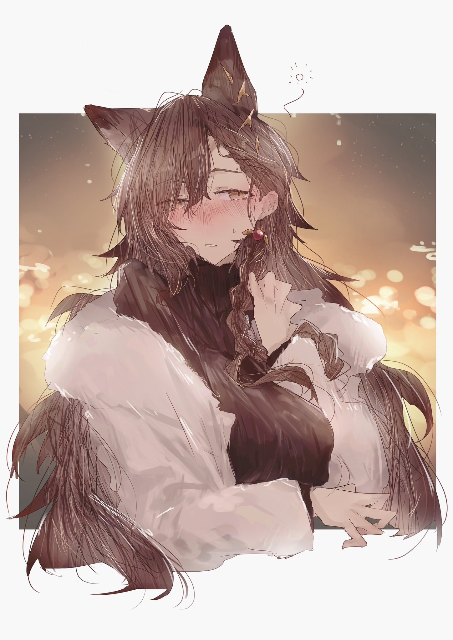 Safebooru - 1girl animal ears arknights averting eyes blush border brown hair brown sweater ...