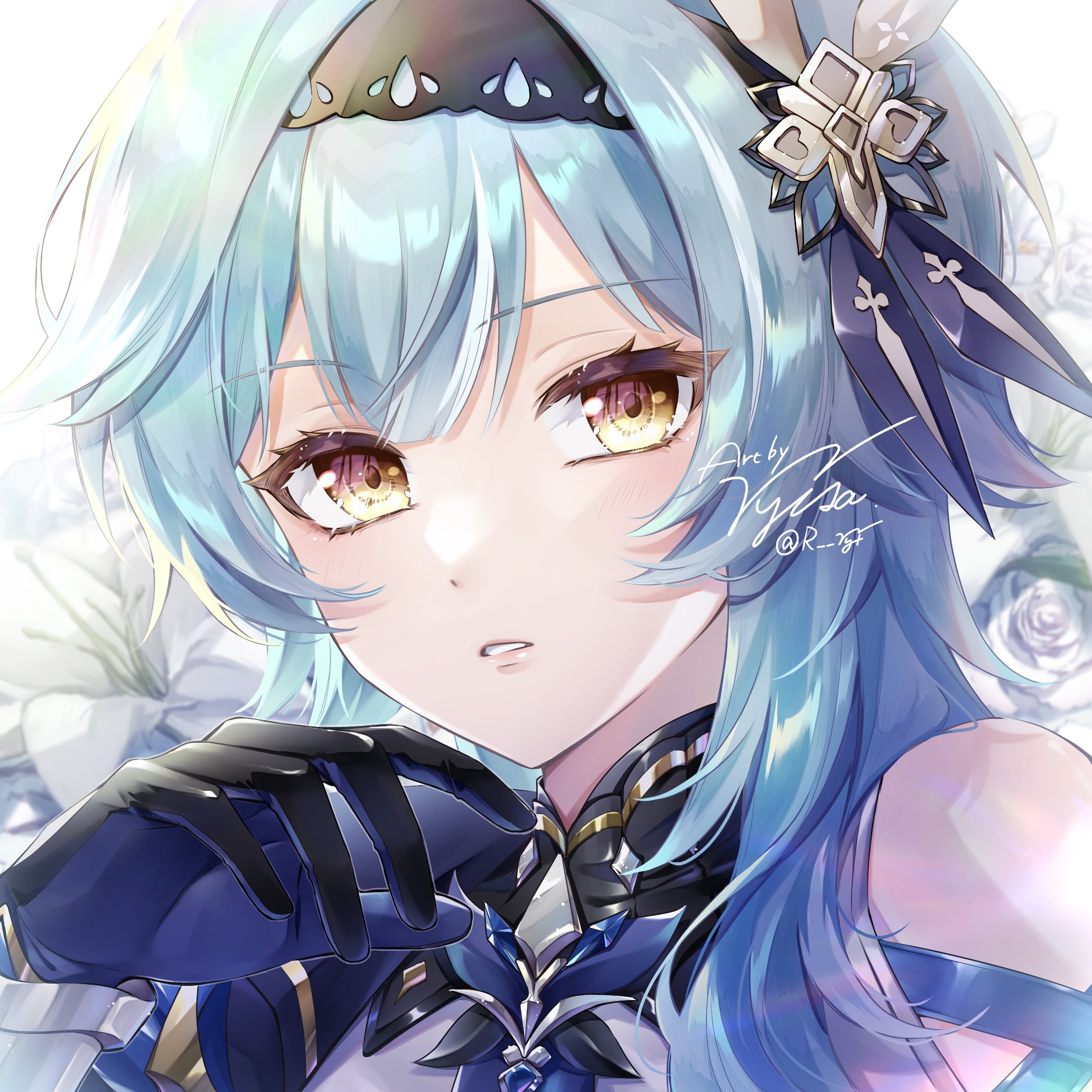 Safebooru - 1girl black gloves black hairband blue hair clothing cutout ...