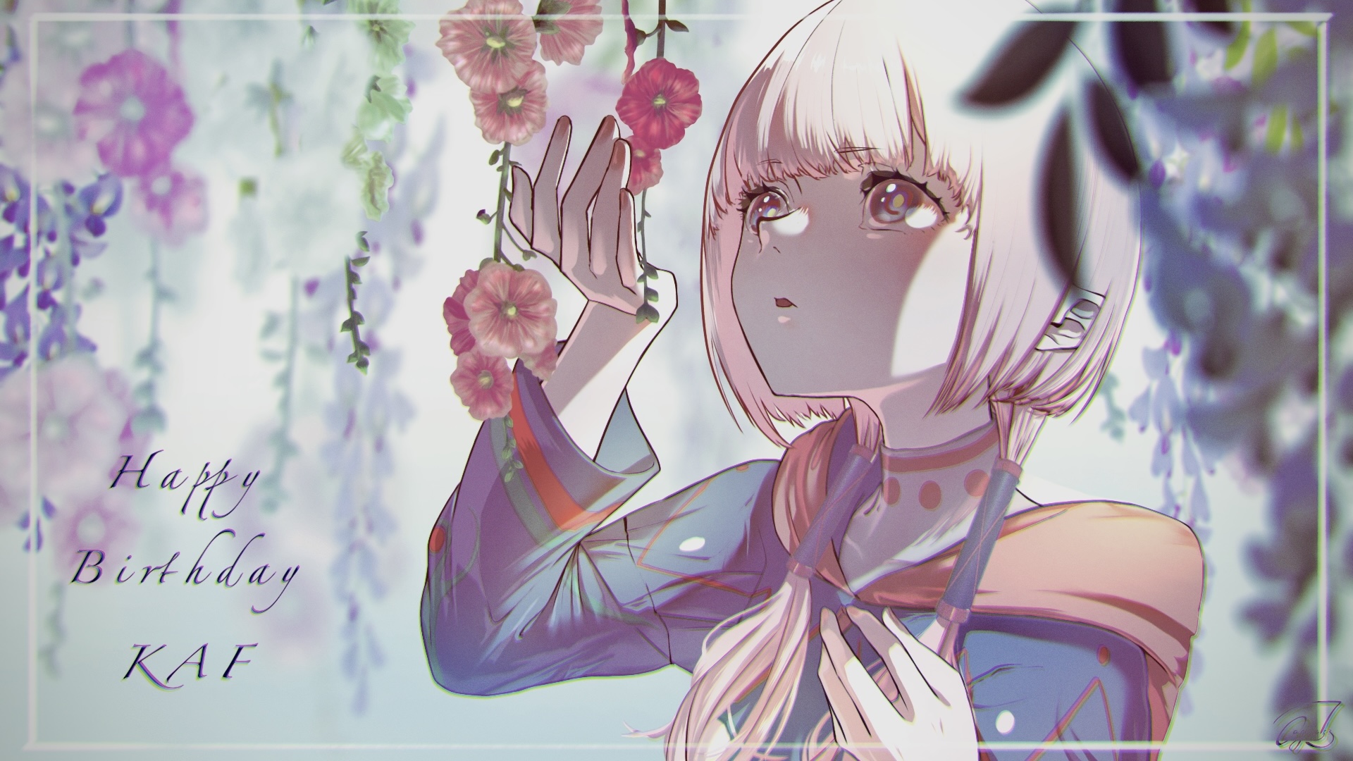 Safebooru - 1girl blue eyes blue jacket english commentary floral background gaur (gaur753) hair ...