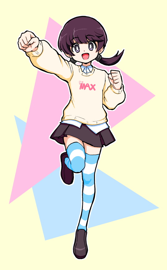 Safebooru - 1girl :d black eyes black footwear black skirt blue ...