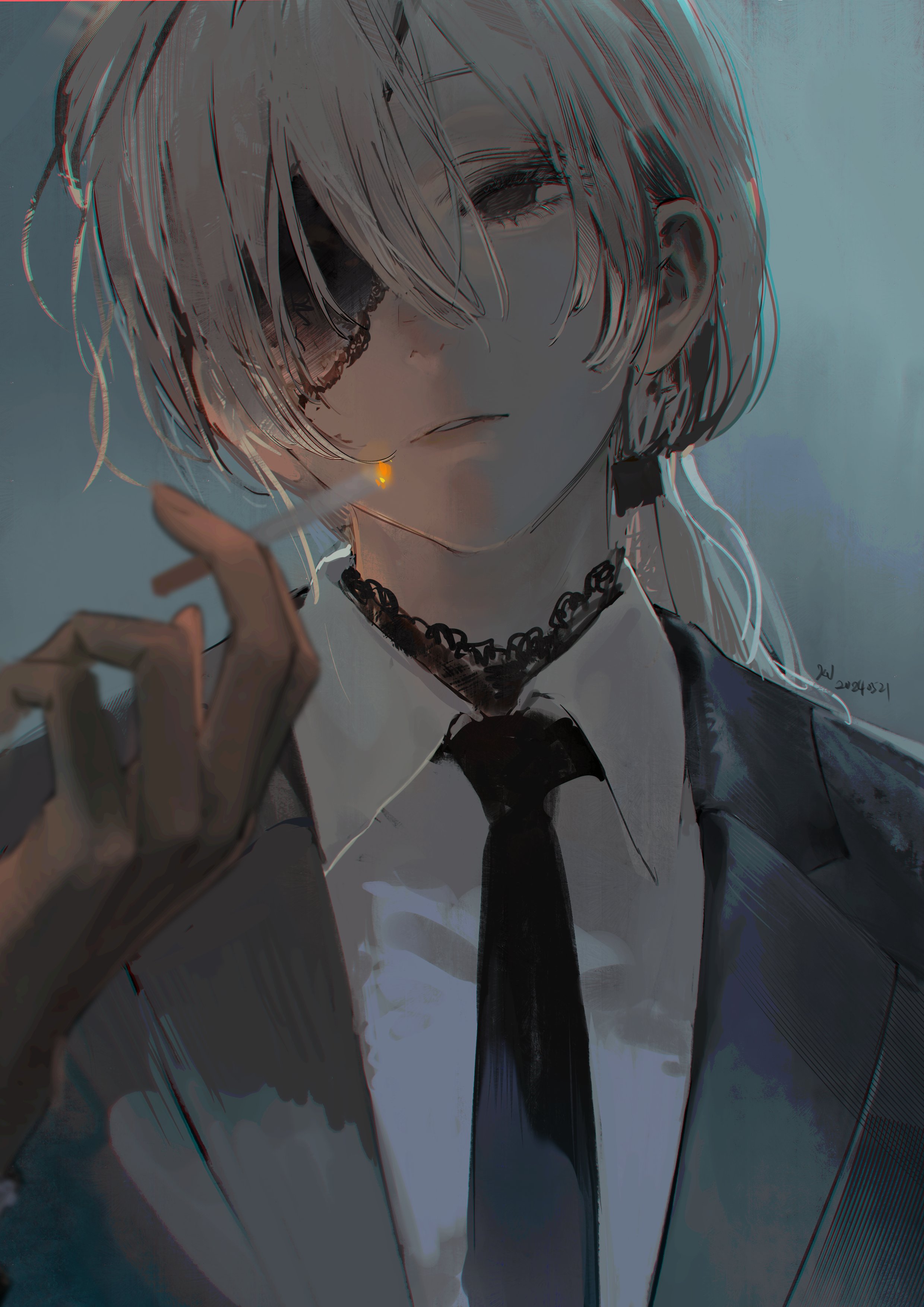 Safebooru - 1girl absurdres black eyes black necktie blue background chainsaw man cigarette ...