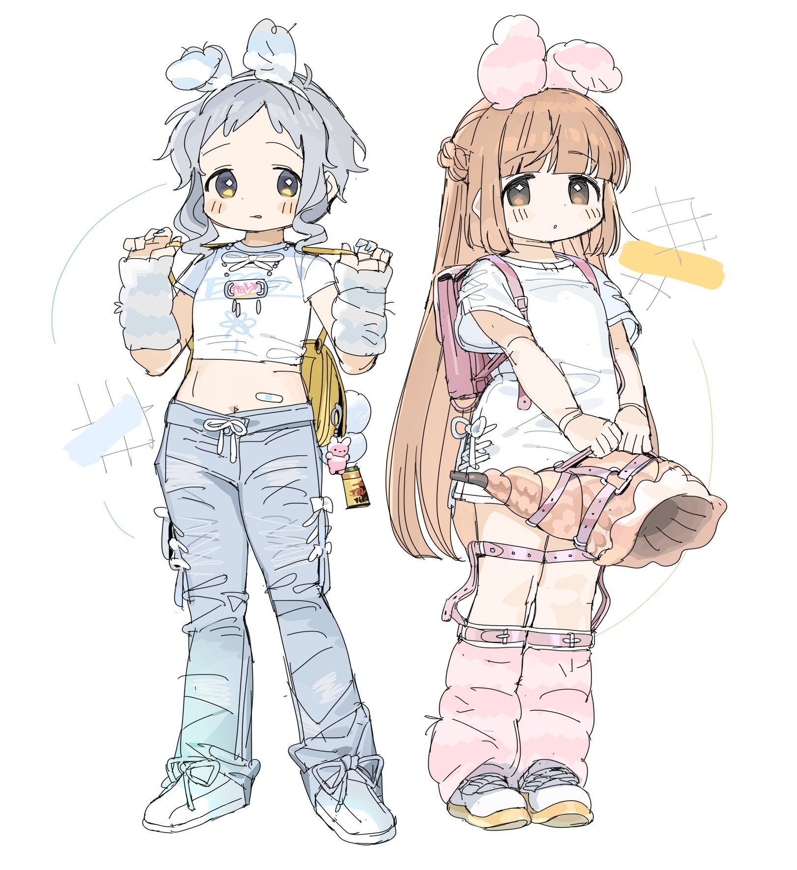 Safebooru - 2girls animal ear hairband animal ears arm warmers backpack bag bandaid blue nails ...