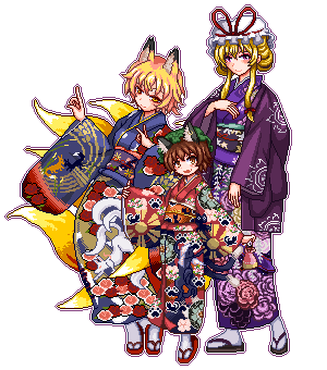 Safebooru - 3girls alternate costume animal ears black footwear blonde hair blue kimono brown ...