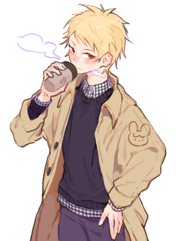 Safebooru - 1boy atou haruki black pants black sweater blonde hair blush brown coat closed mouth ...