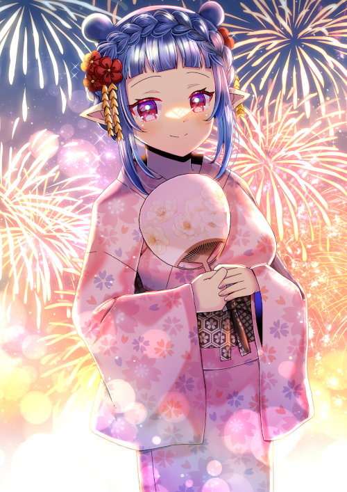 Safebooru - 1girl aerial fireworks blue hair braid breasts closed mouth commentary request ...