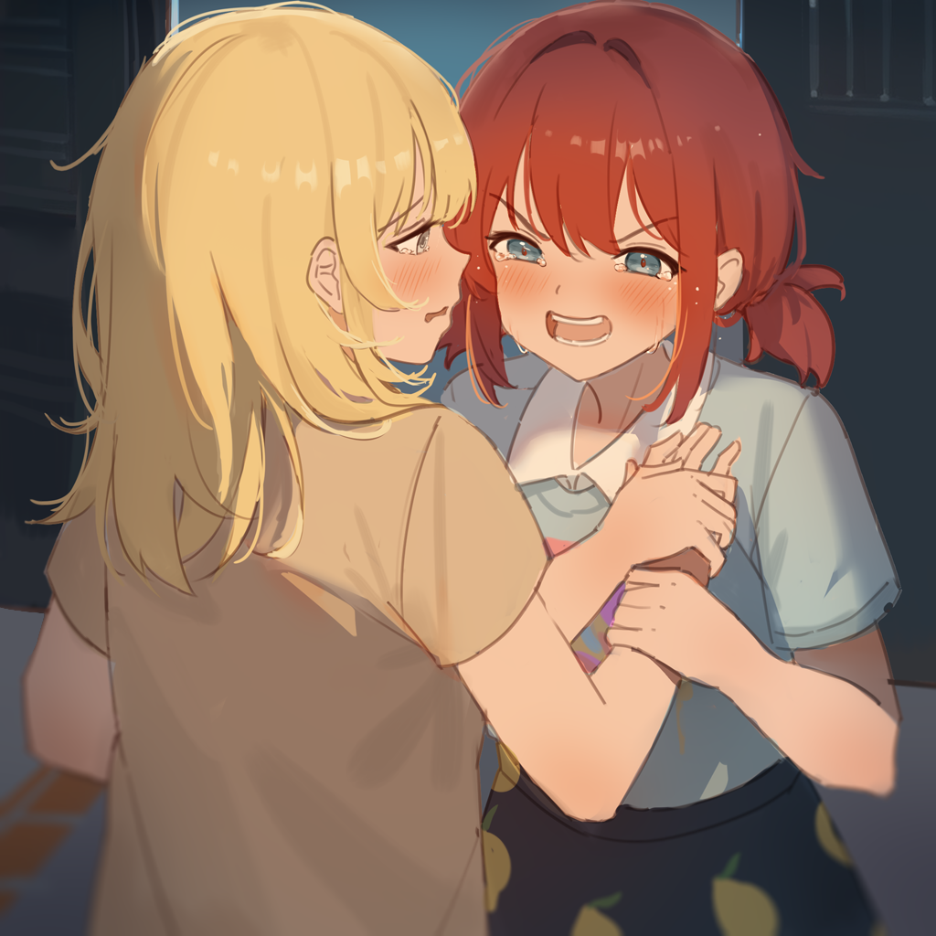 Safebooru - 2girls blonde hair blue eyes blue shirt blush brown shirt collared shirt commentary ...