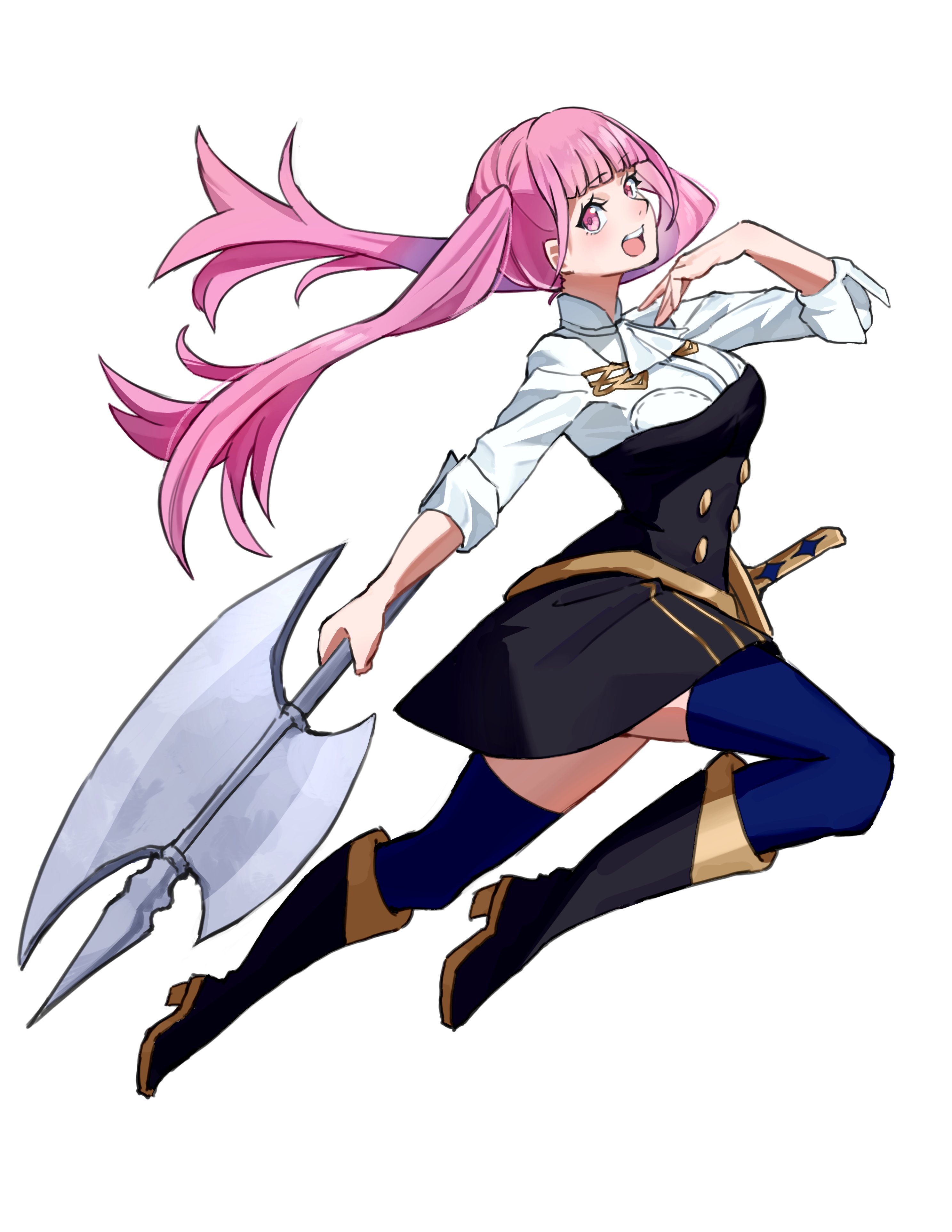 Safebooru - 1girl :d absurdres axe black footwear blue thighhighs boots commentary eyelashes ...