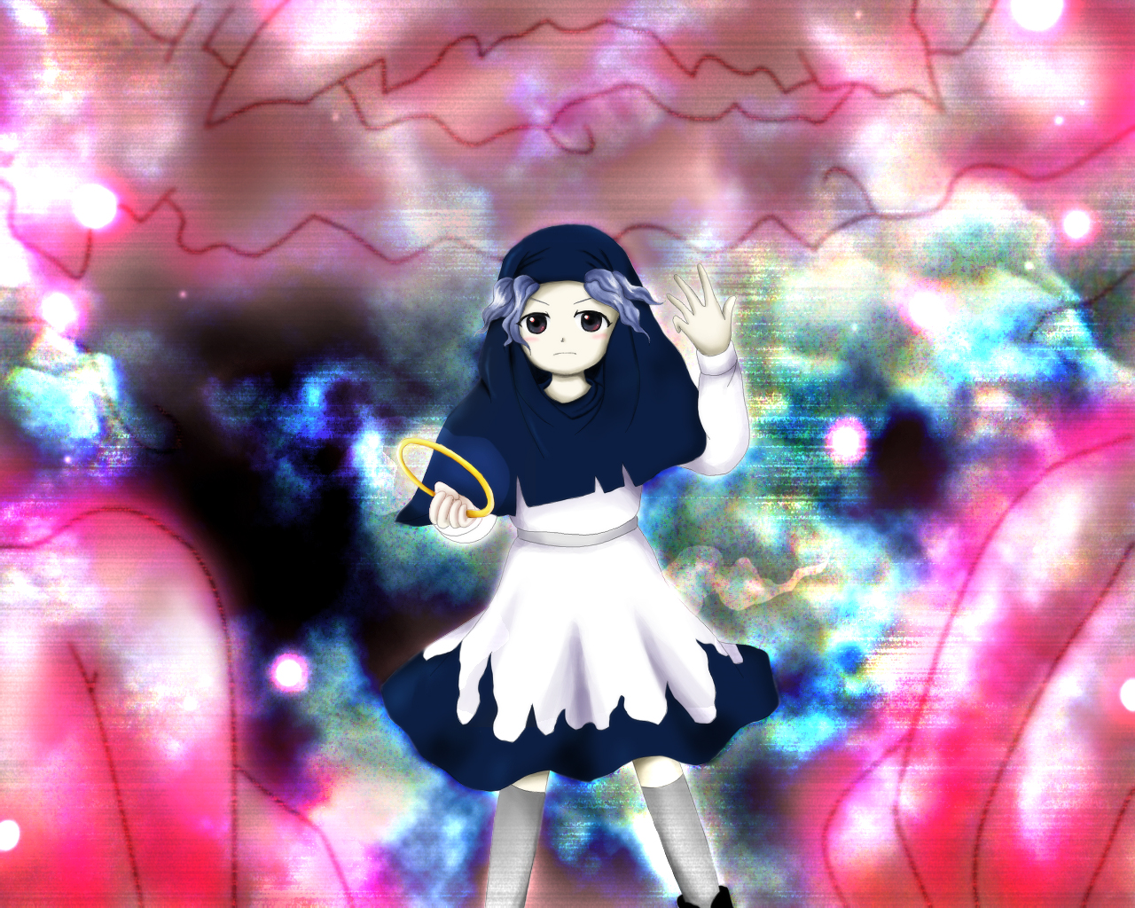 Safebooru - >:( 1boy 1girl blue hair brown eyes closed mouth dress frown grey thighhighs hand up ...