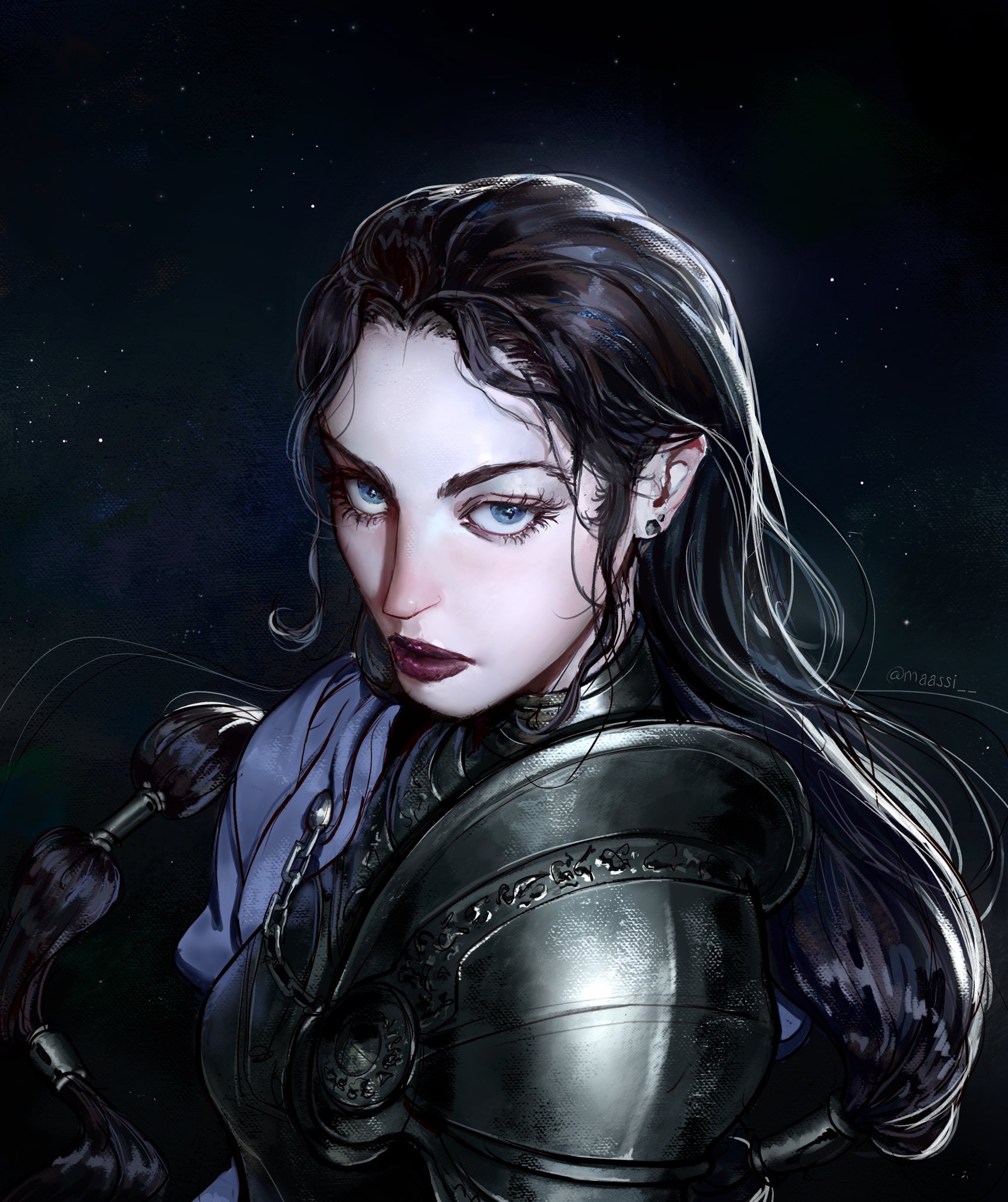 Safebooru - 1girl armor artist name black hair blue eyes blue surcoat breastplate commentary ...