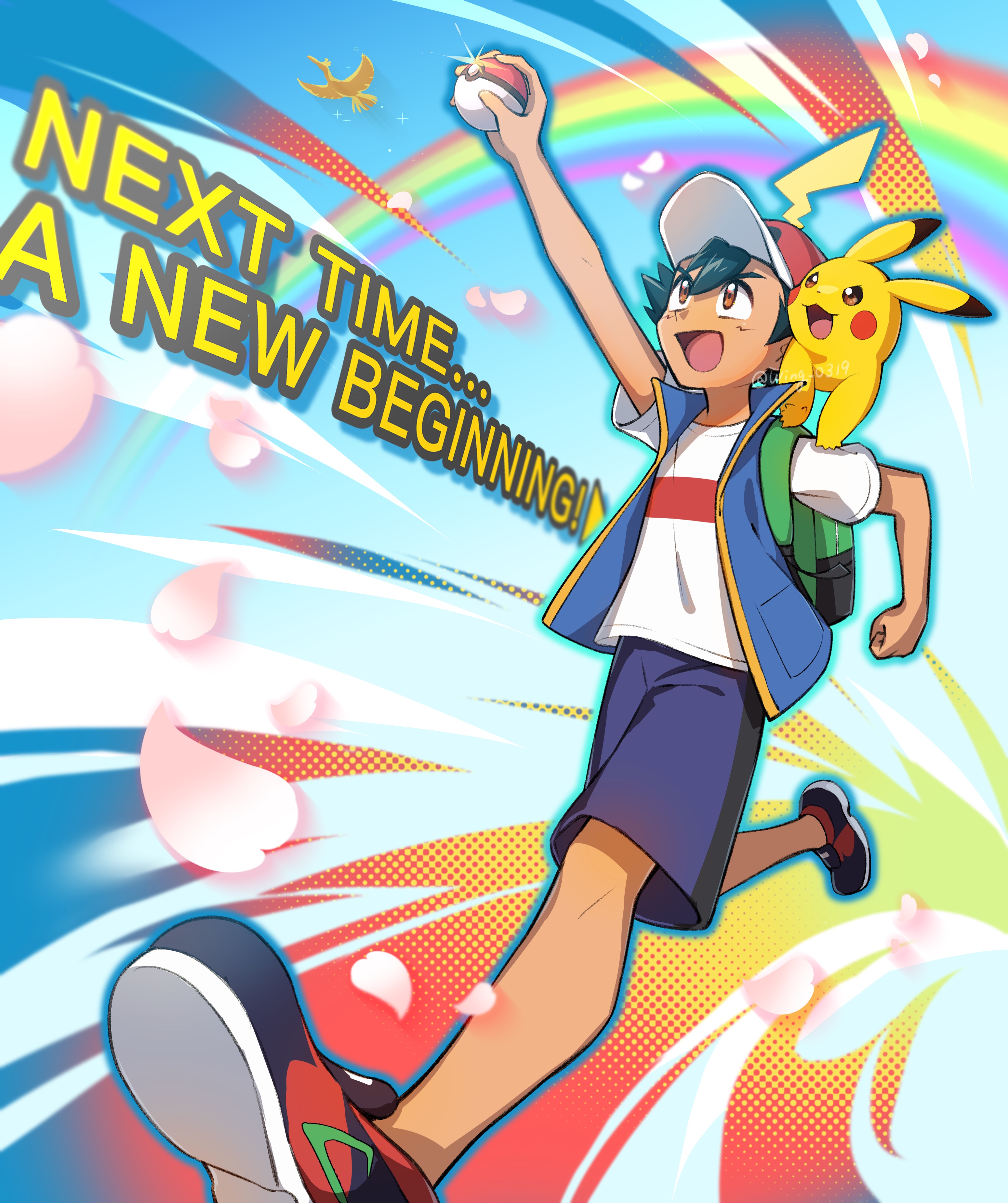 Safebooru - 1boy :d absurdres arm up ash ketchum backpack bag black ...