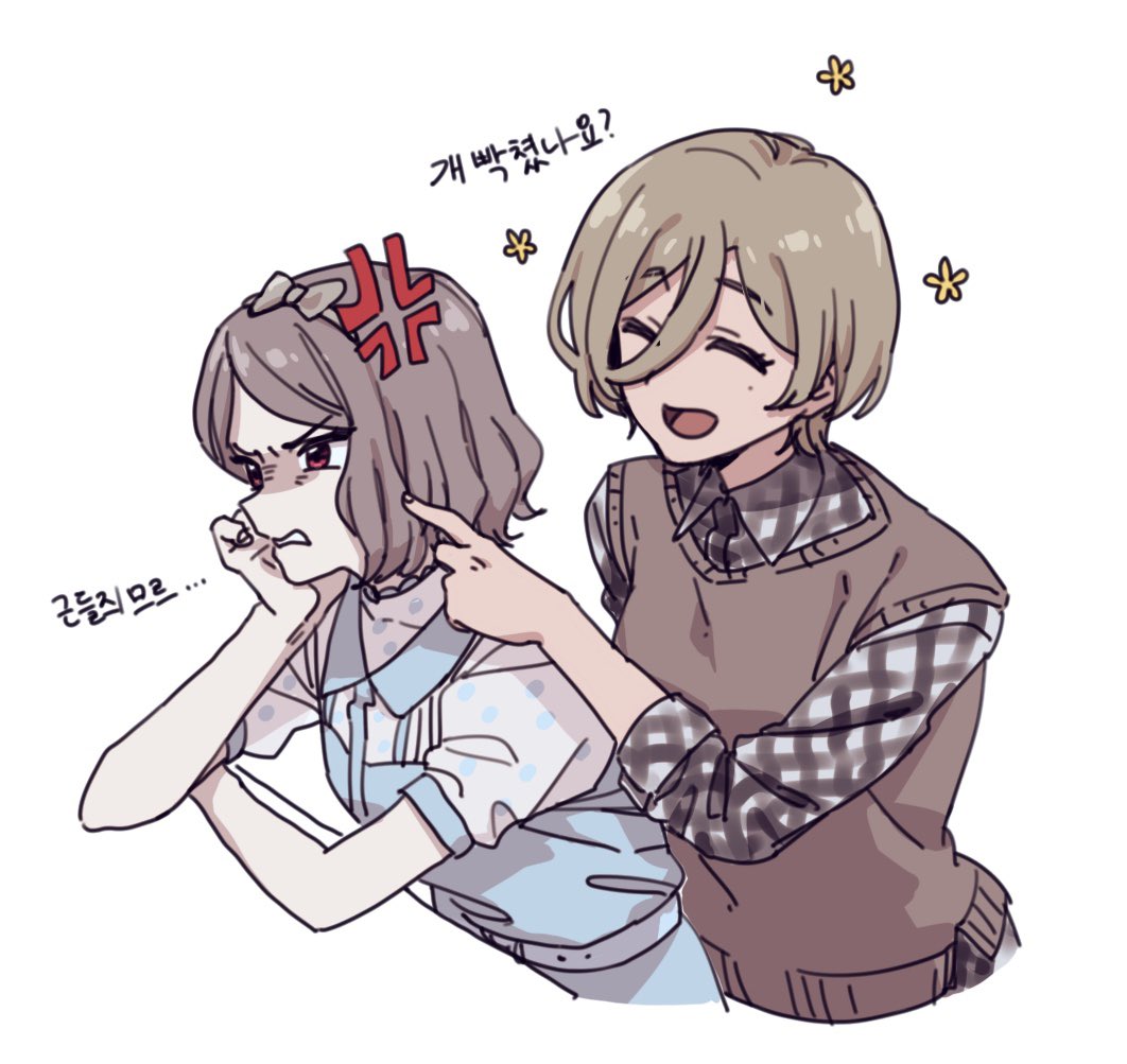 Safebooru - 2girls anger vein black shirt blue dress brown hair brown sweater vest checkered ...