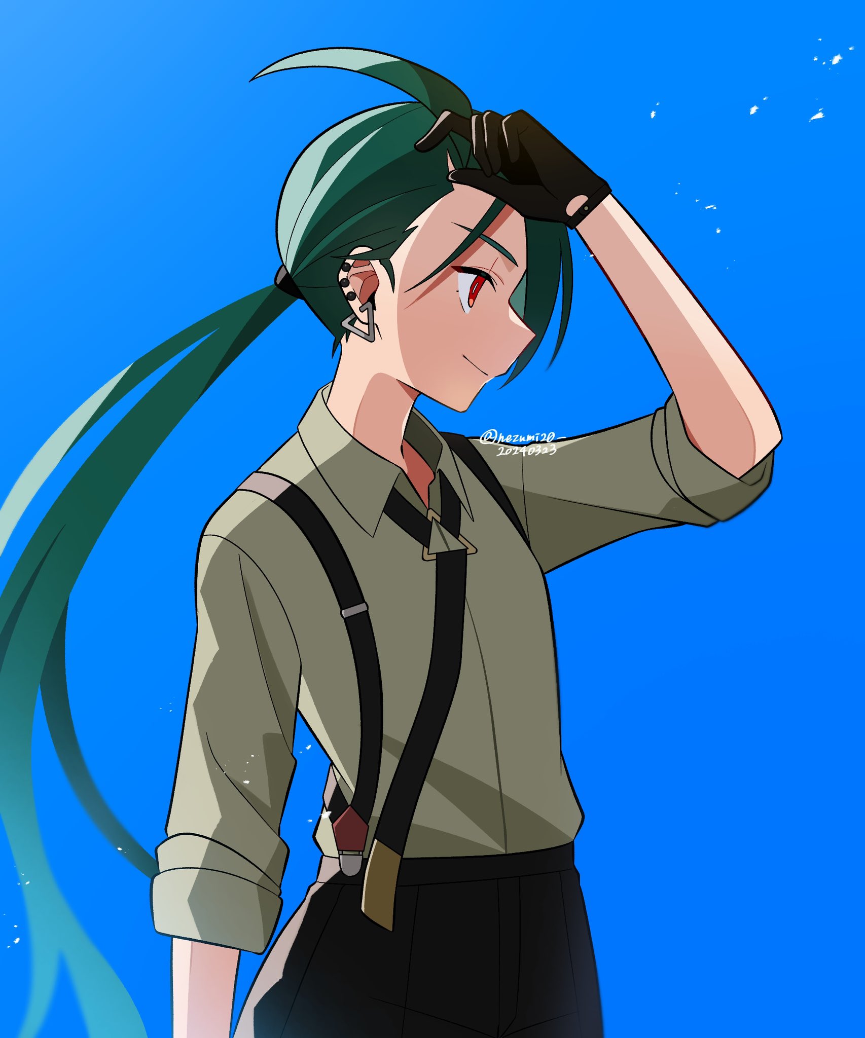 Safebooru - 1girl black gloves black necktie blue background closed mouth collared shirt dated ...