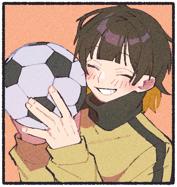 Safebooru - 1boy bachira meguru ball black hair blonde hair blue lock blush border closed eyes ...