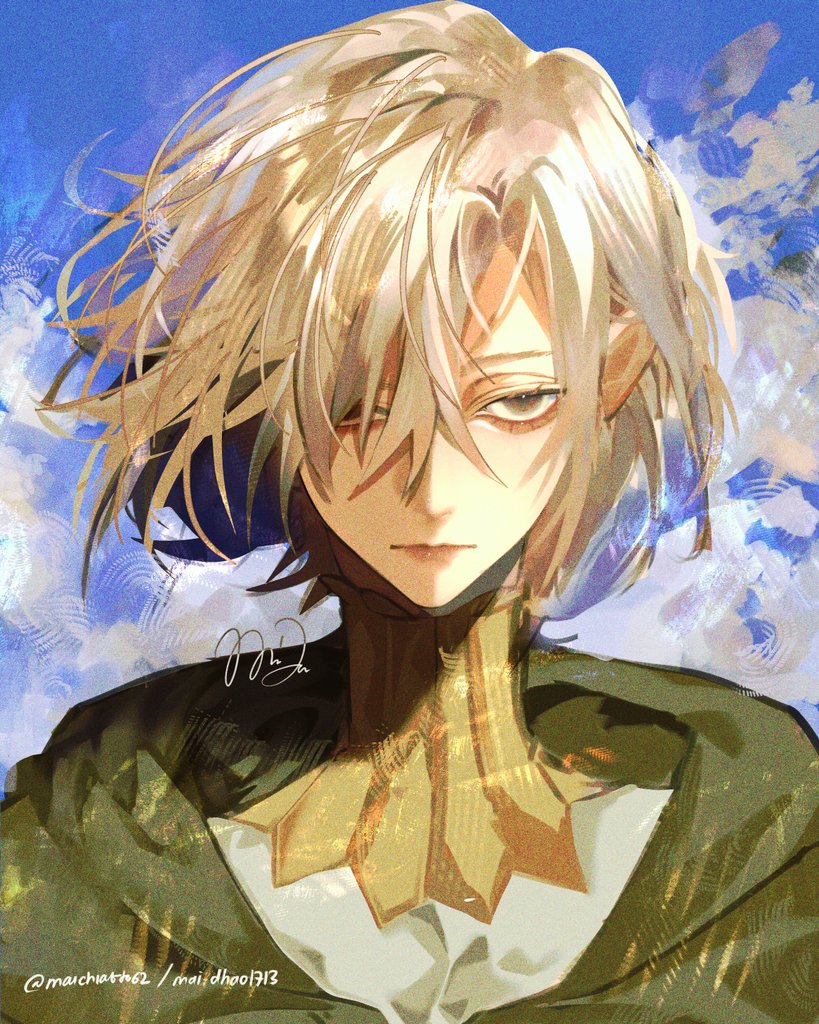 Safebooru - 1boy bags under eyes black eyes blue sky cloak clouds ...