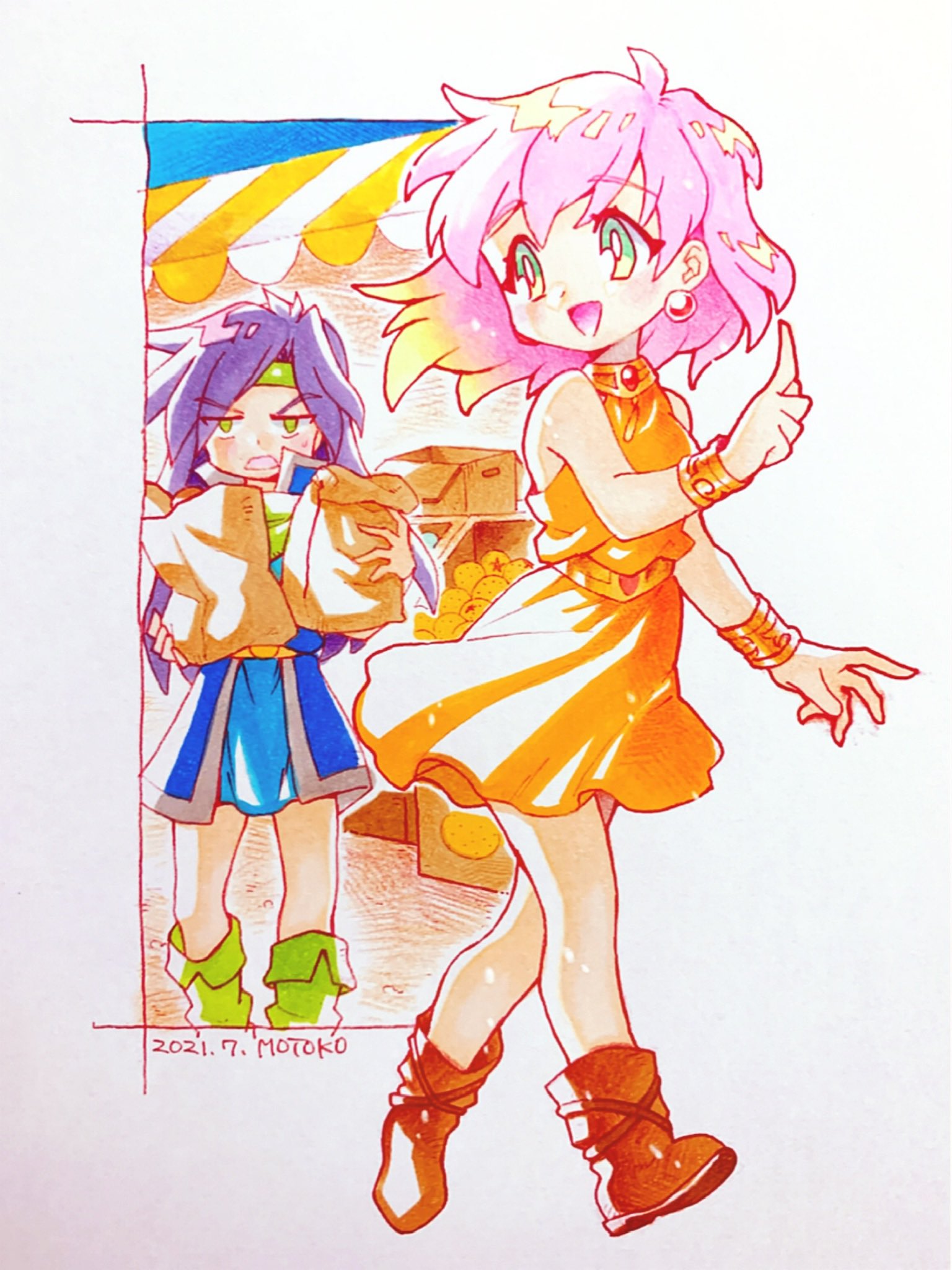 Safebooru - 2girls bag bare shoulders blue tunic boots bow bracer breasts brown footwear cloak ...