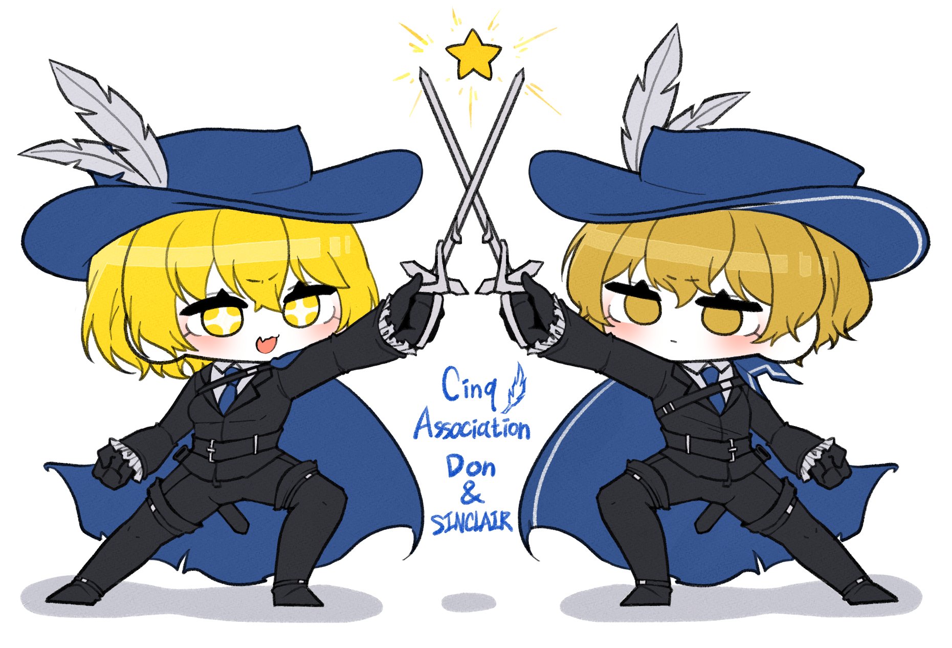 Safebooru - 1boy 1girl arm up black gloves black jacket black pants blonde hair blue cape blue ...