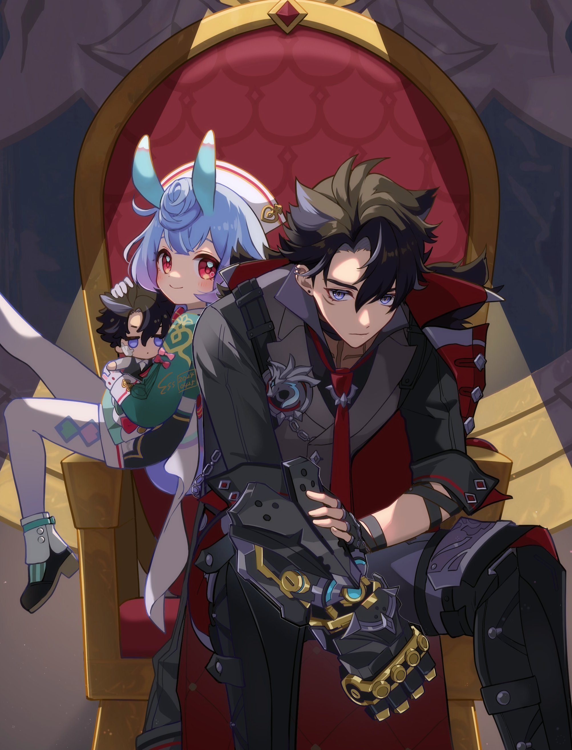 Safebooru - 1boy 1girl absurdres animal ears aqua shirt armchair artist name bandaged arm ...