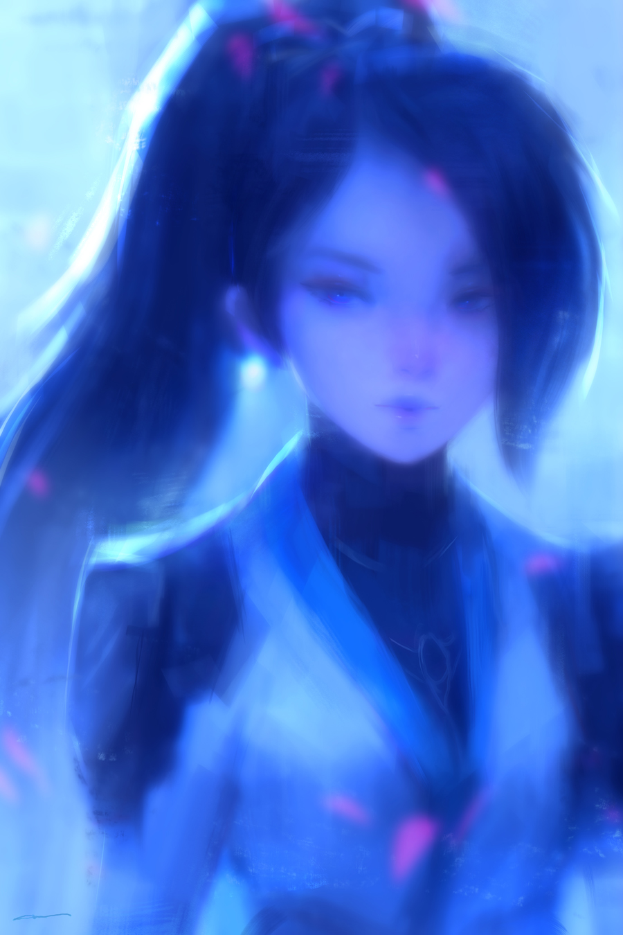 Safebooru - 1girl alex chow black hair black shirt blue background blue theme breasts ...