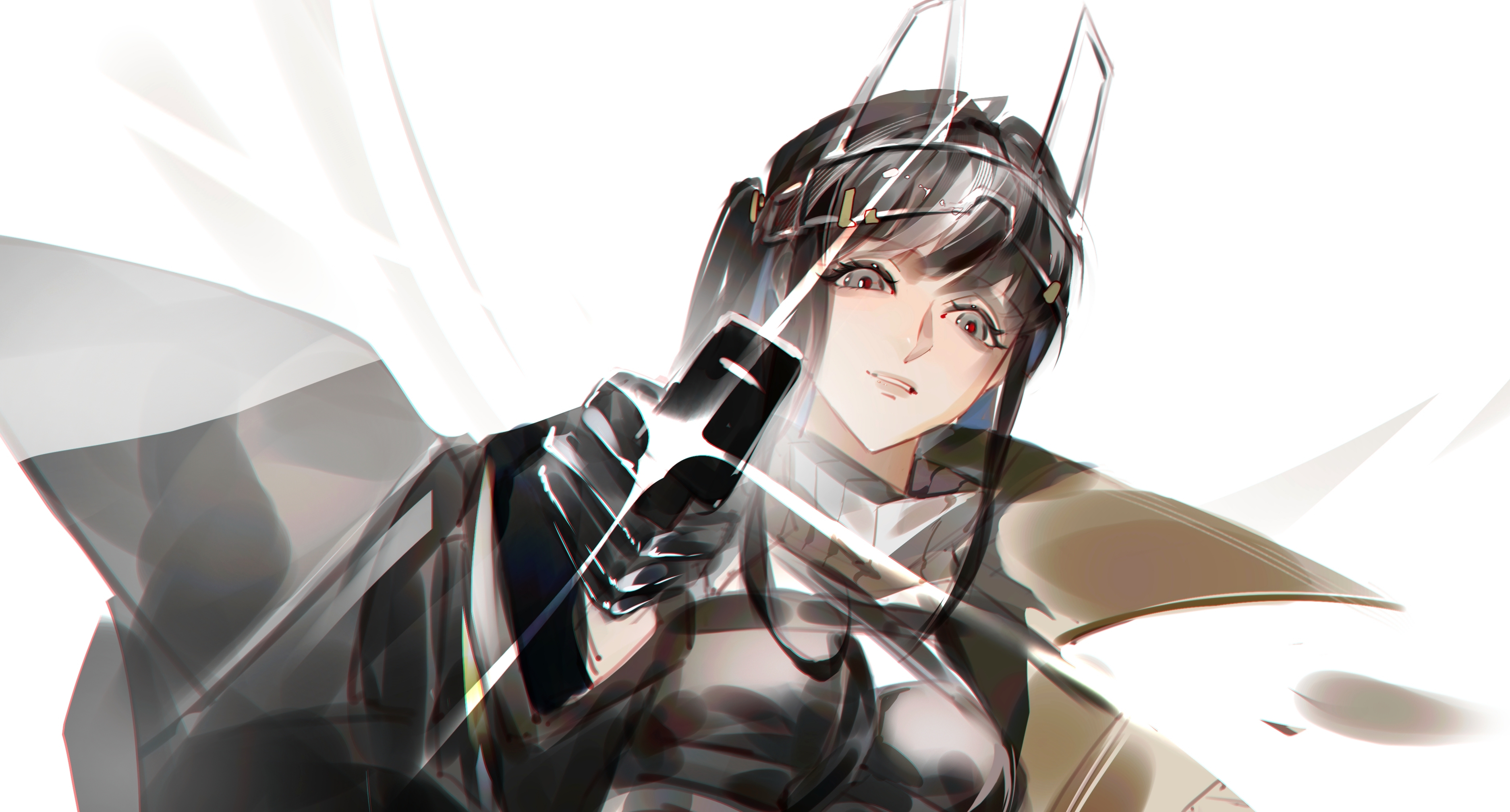 Safebooru - 1girl absurdres aiming aiming at viewer black coat black gloves black hair chest ...