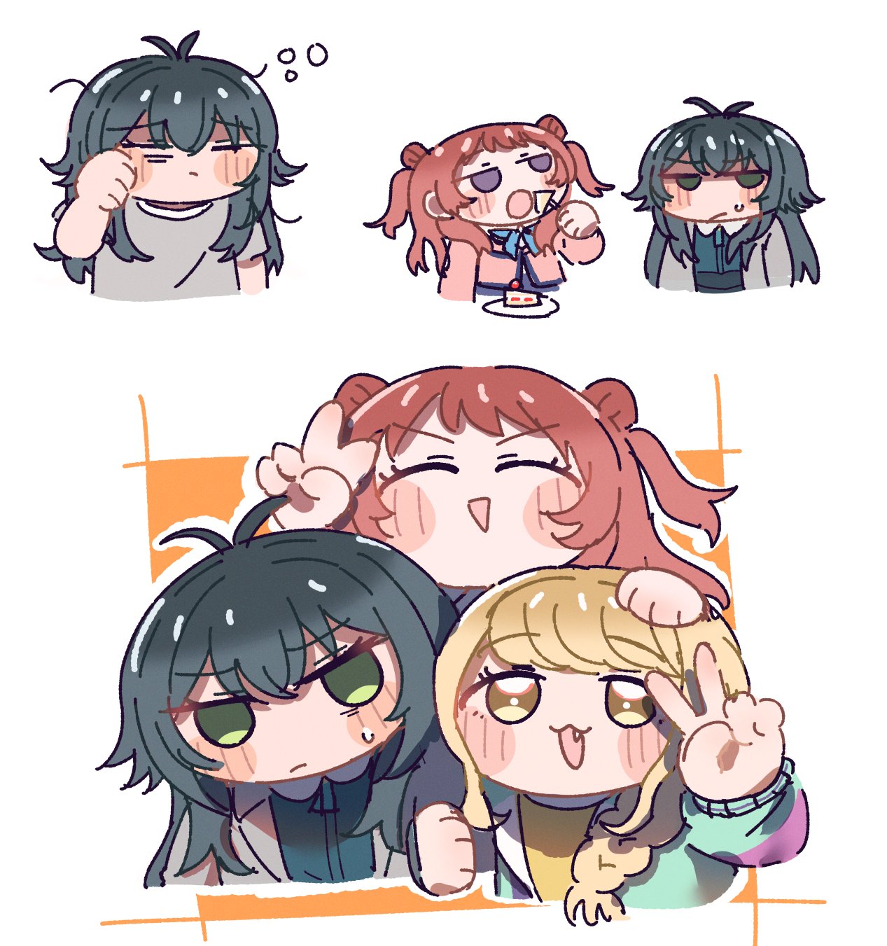 Safebooru - 3girls ^ ^ antenna hair arm hug bags under eyes blonde hair ...