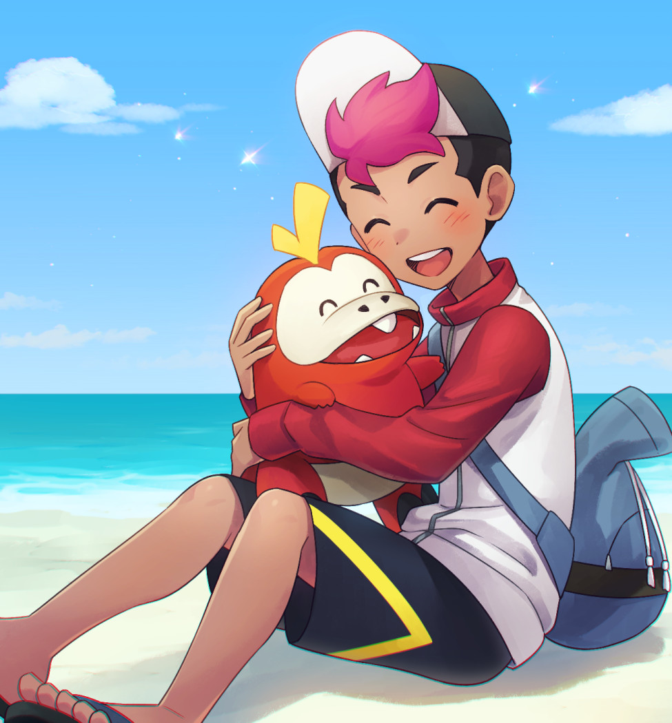 Safebooru - 1boy :d backpack bag beach black hair black shorts closed ...
