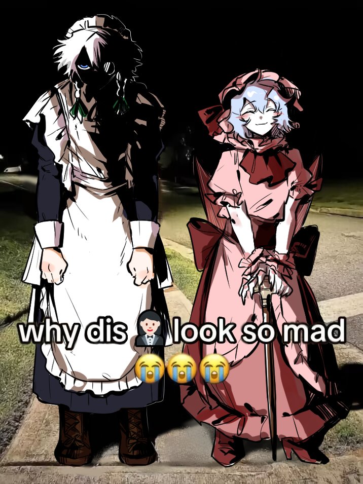 Safebooru - 2girls apron blue dress blue hair crying emoji dress emoji hat izayoi sakuya jiyouer ...