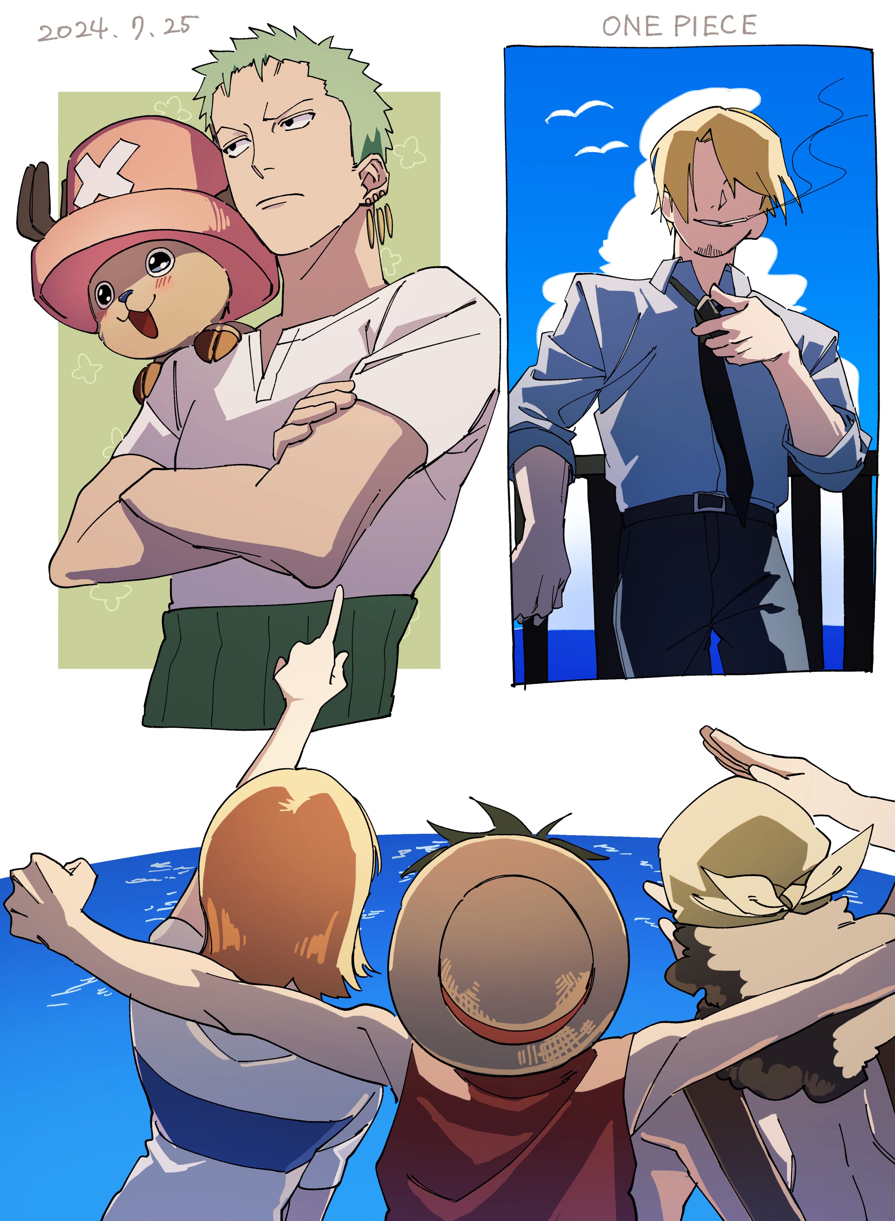 Safebooru - 1girl 5boys absurdres bandana black hair black necktie black pants blonde hair blue ...