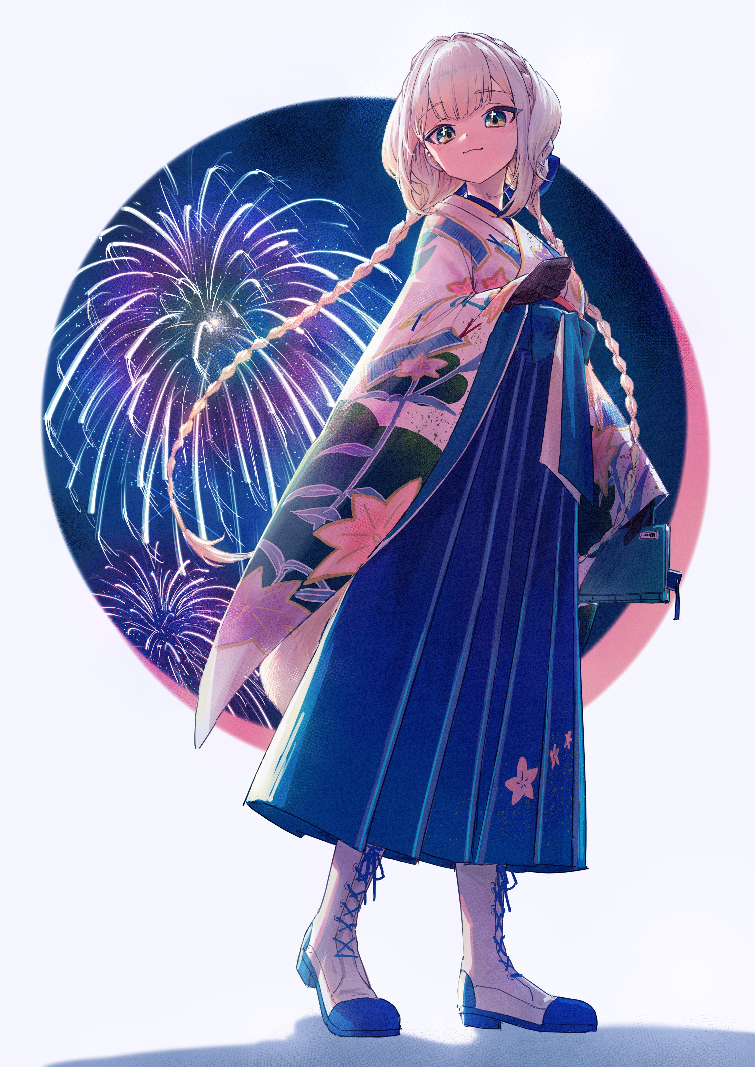 Safebooru - 1girl absurdres aerial fireworks arm at side armillarphere v bag black gloves blonde ...