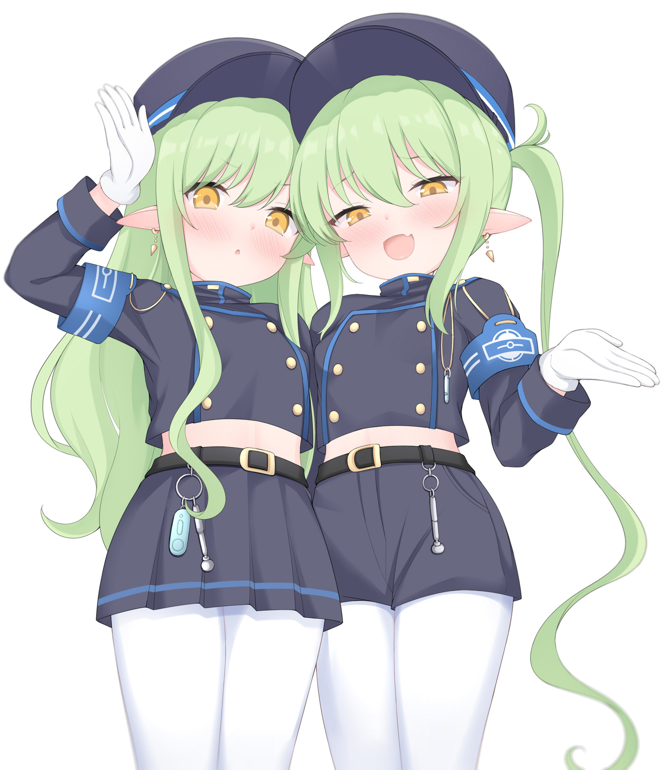 Safebooru - 2girls :d :o arm up armband belt belt buckle black belt black hat black jacket black ...