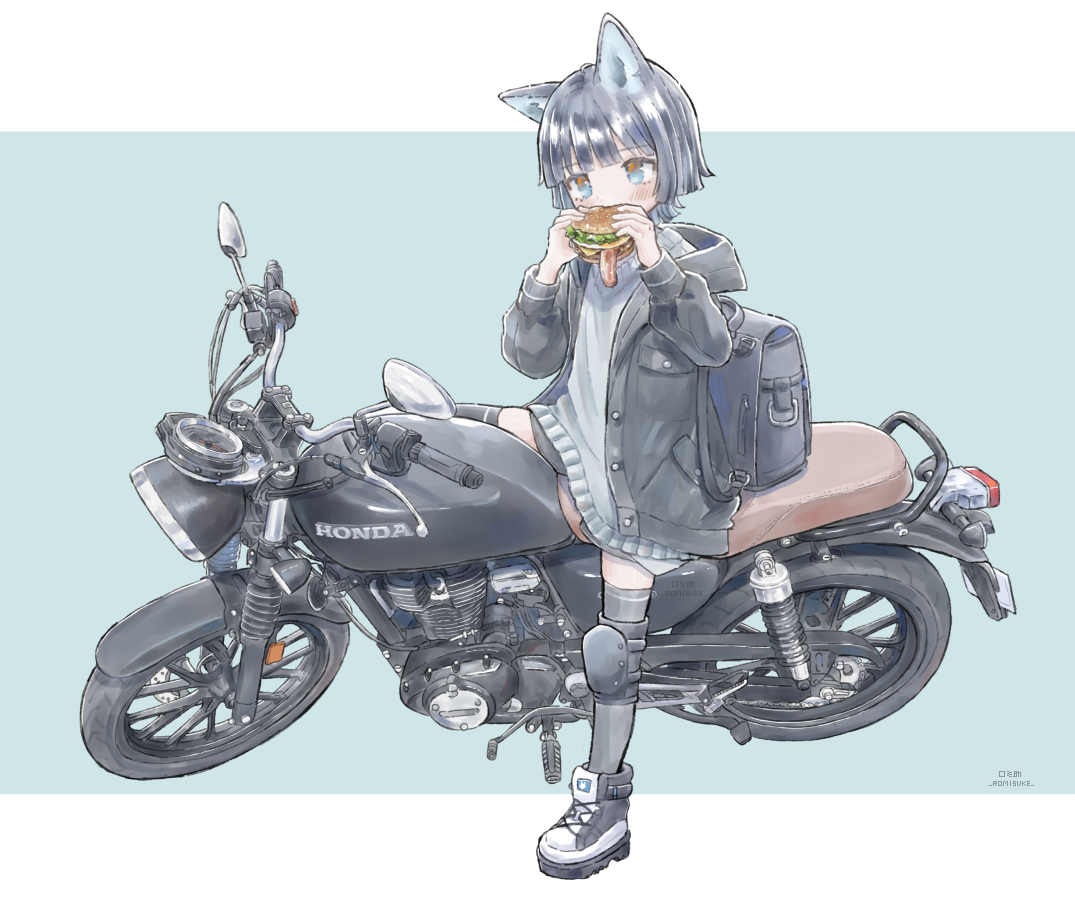 Safebooru - 1girl 63suke animal ears backpack bag black jacket blue background blue eyes burger ...