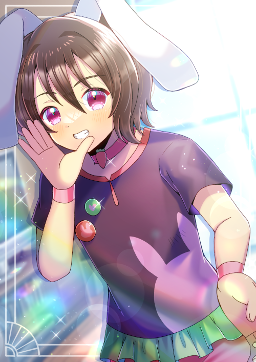 Safebooru - 1girl animal ears animal print black shirt blurry blurry background blush brown hair ...