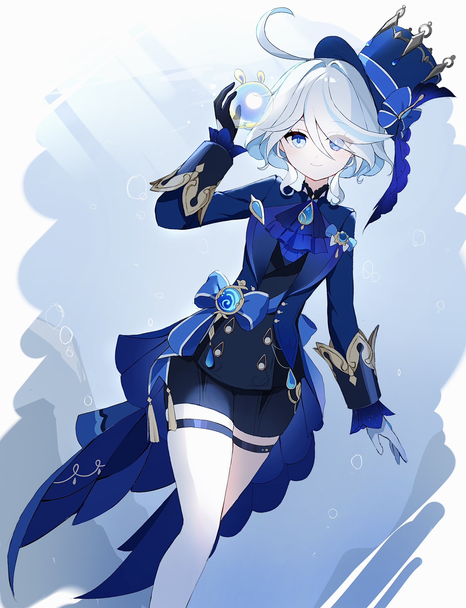 Safebooru - 1girl ahoge air bubble ascot asymmetrical gloves black gloves black shirt black ...