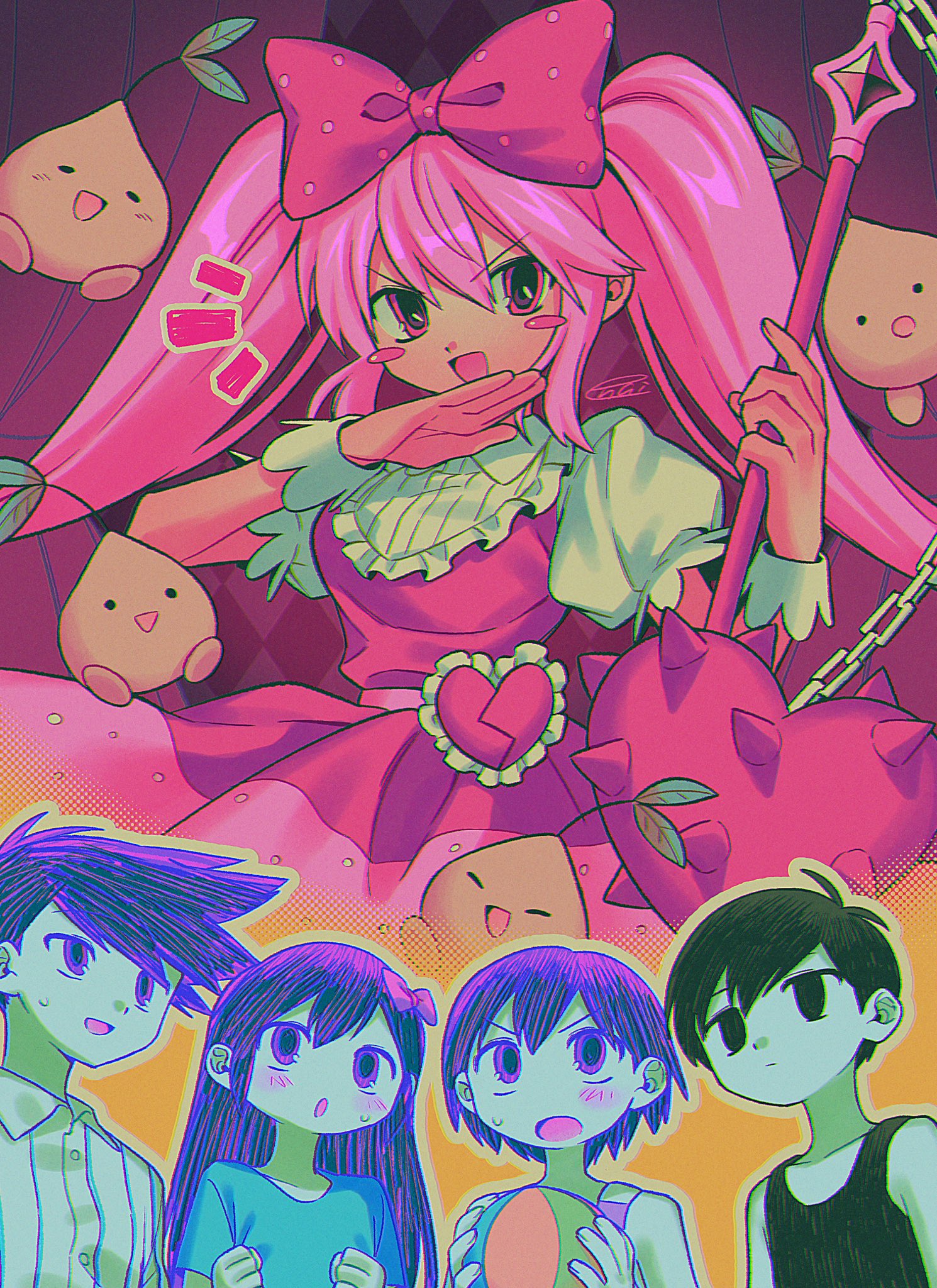 Safebooru - 2girls 3boys :d :o antenna hair arms at sides aubrey (headspace) (omori) aubrey ...