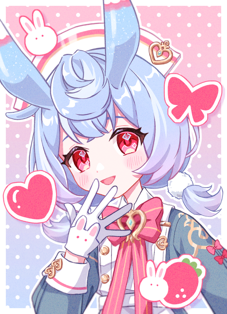 Safebooru - 1girl :d animal ears apron aqua shirt blue background blue hair blush border bow ...