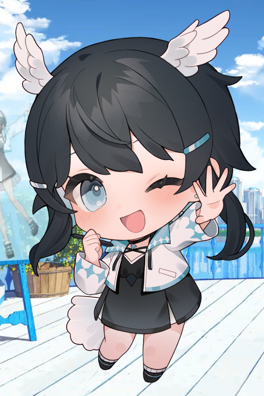 Safebooru - 1girl ;d arm up bird tail black dress black footwear black hair blue eyes blue sky ...