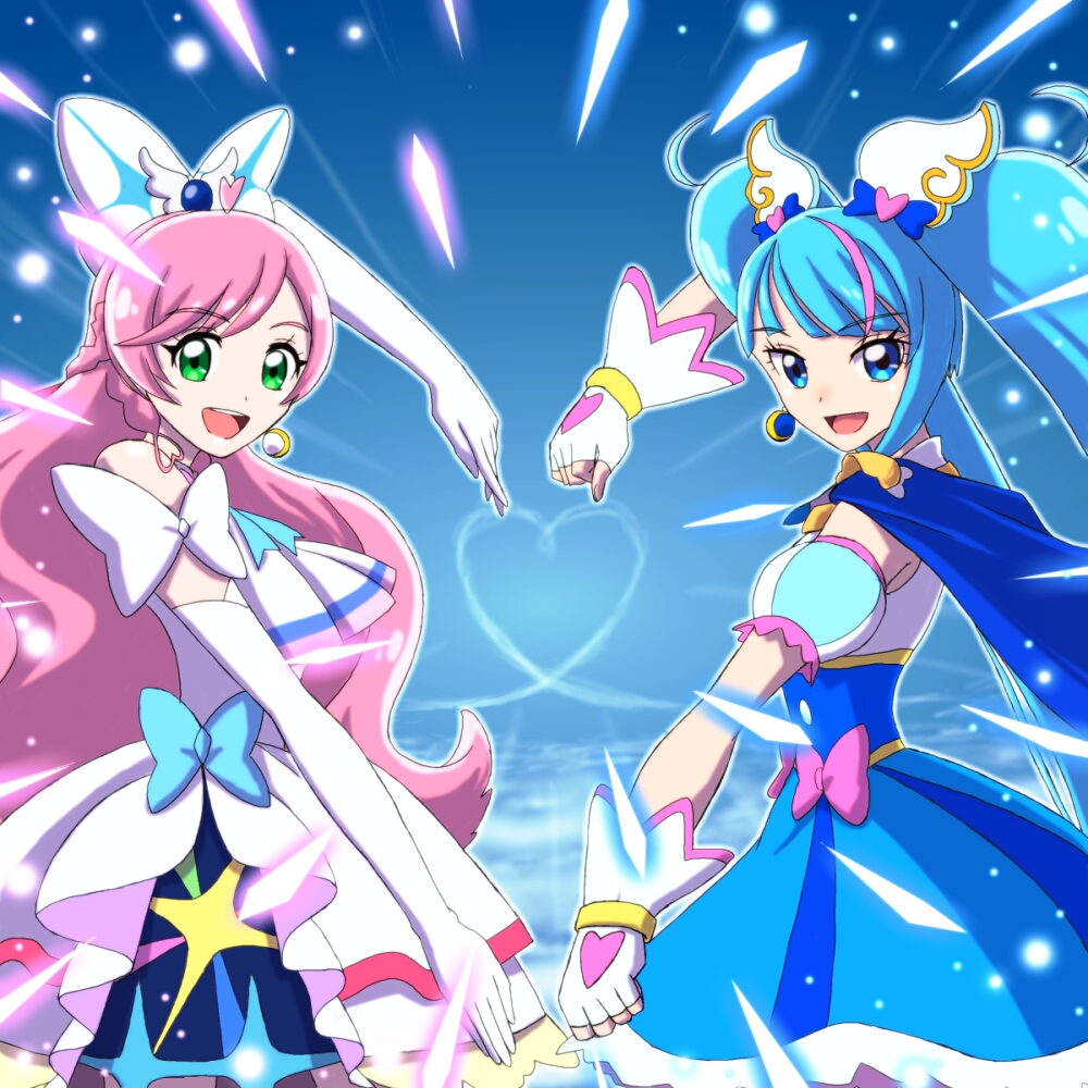 Safebooru - 2girls above clouds ascot blue bow blue cape blue dress blue eyes blue hair blue sky ...