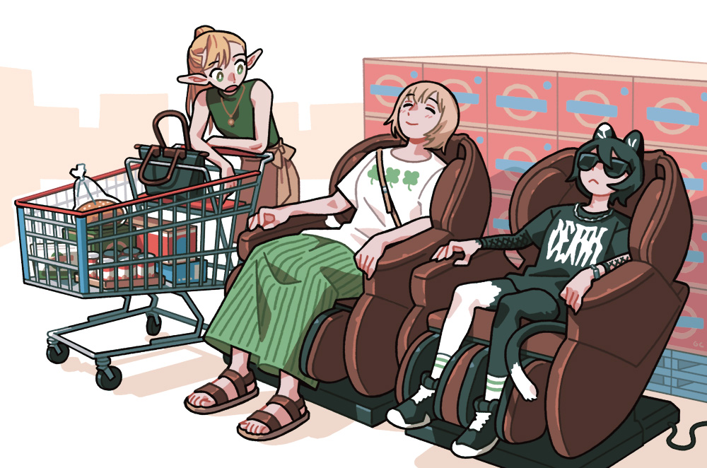 Safebooru - 3girls animal ears bare shoulders black bag black hair ...