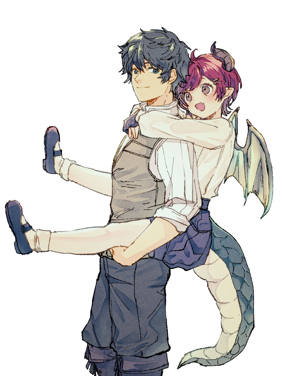 Safebooru - 1boy 1girl black hair carrying carrying person chulainn (granblue fantasy) dragon ...