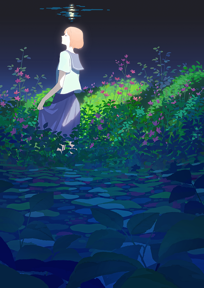 Safebooru - 1girl blue skirt bush closed eyes closed mouth flower from ...