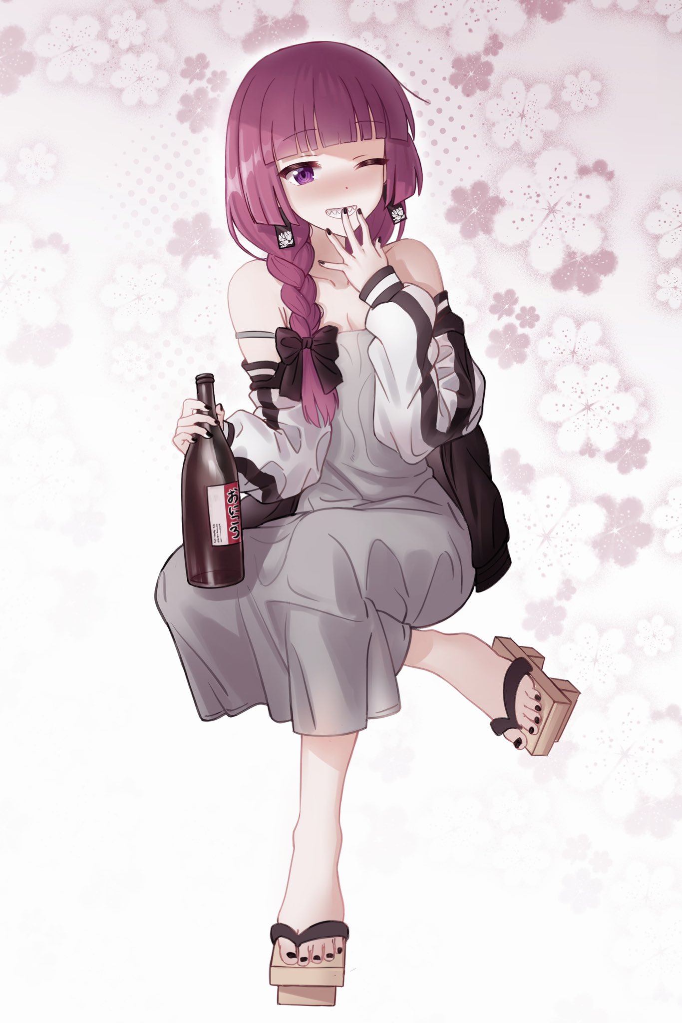 Safebooru - 1girl alcohol bare shoulders bestramos black nails blush ...